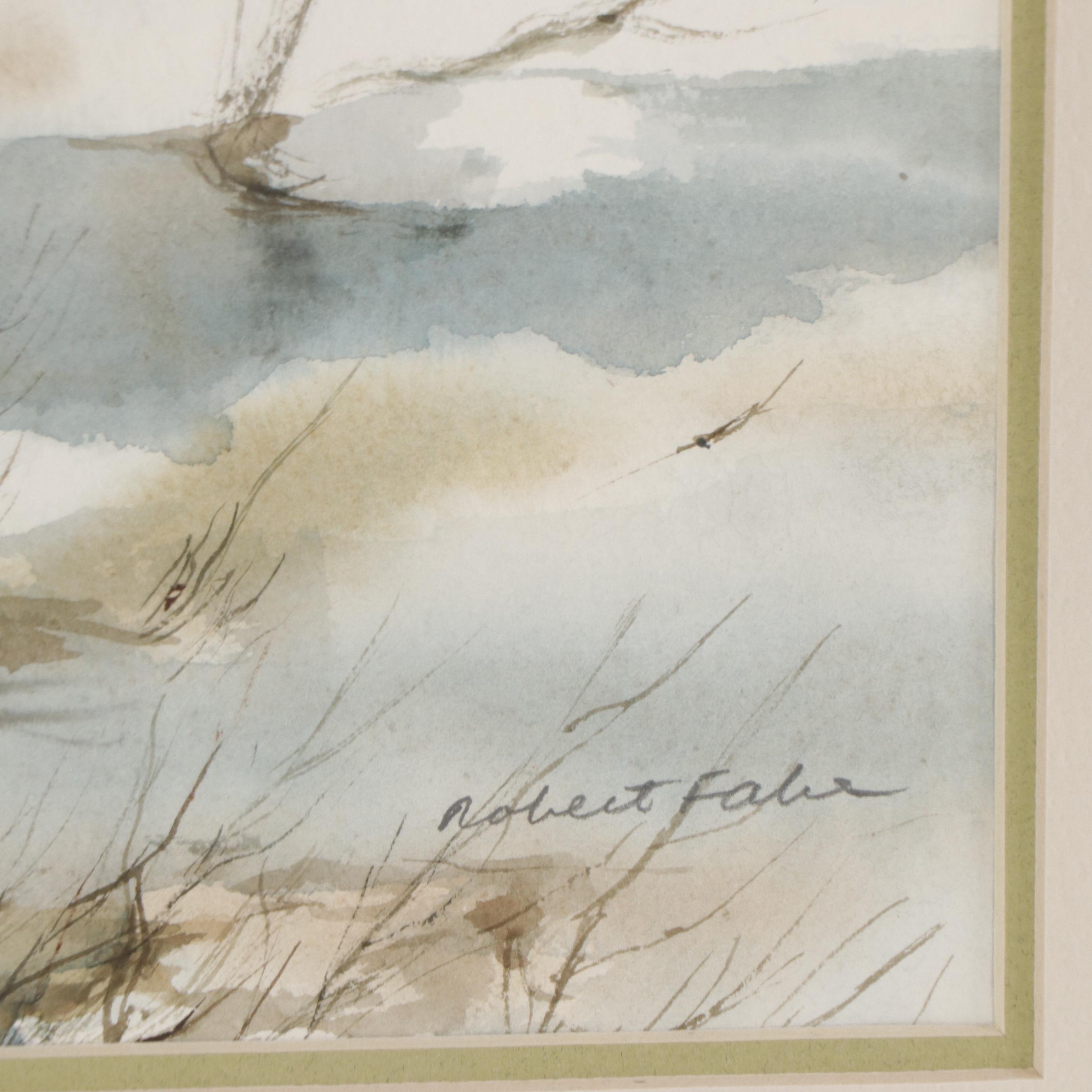 Robert Fabe Watercolor Painting of Coastal Landscape with Boats and ...
