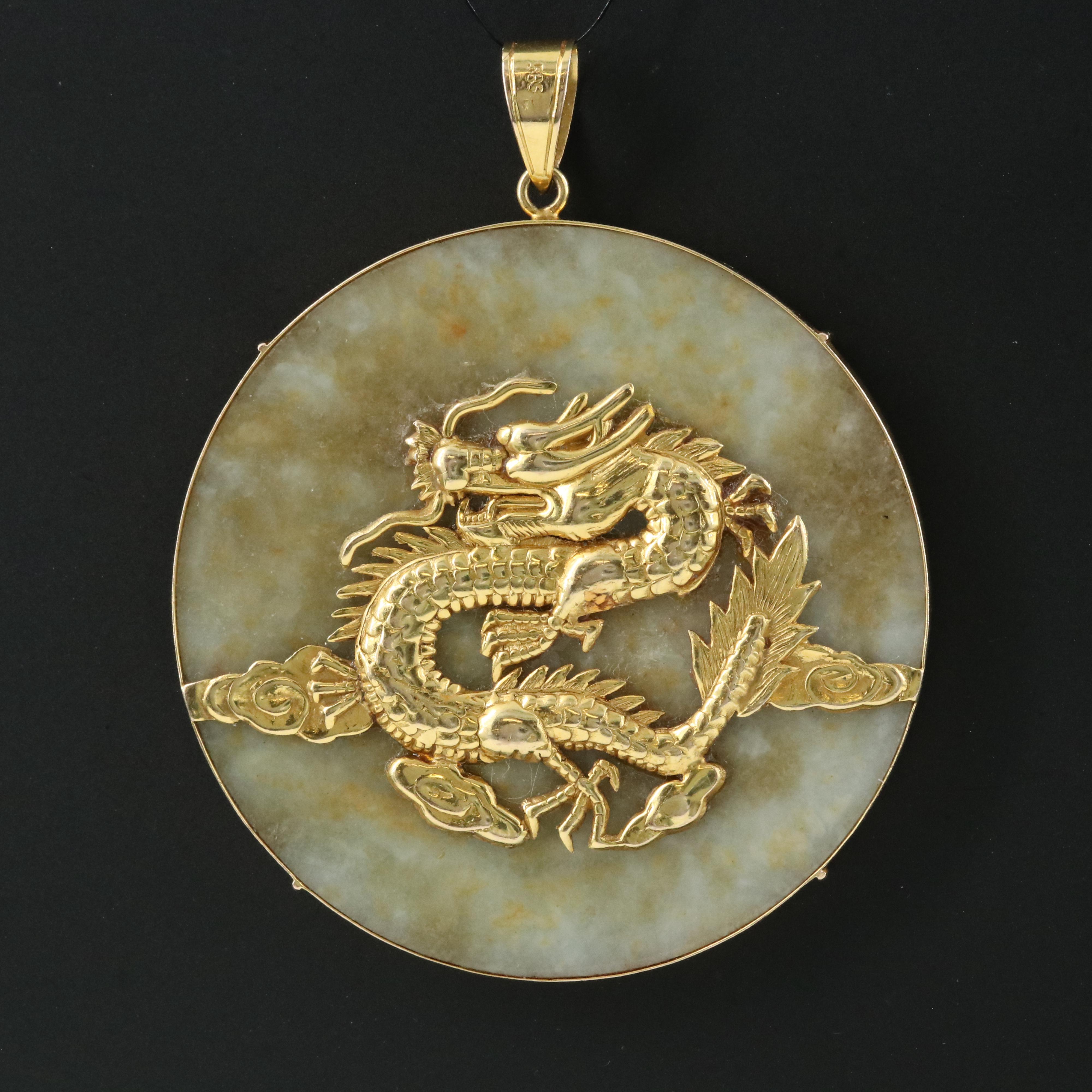 Chinese 14K Jadeite "Good Fortune" Dragon Medallion Pendant | EBTH