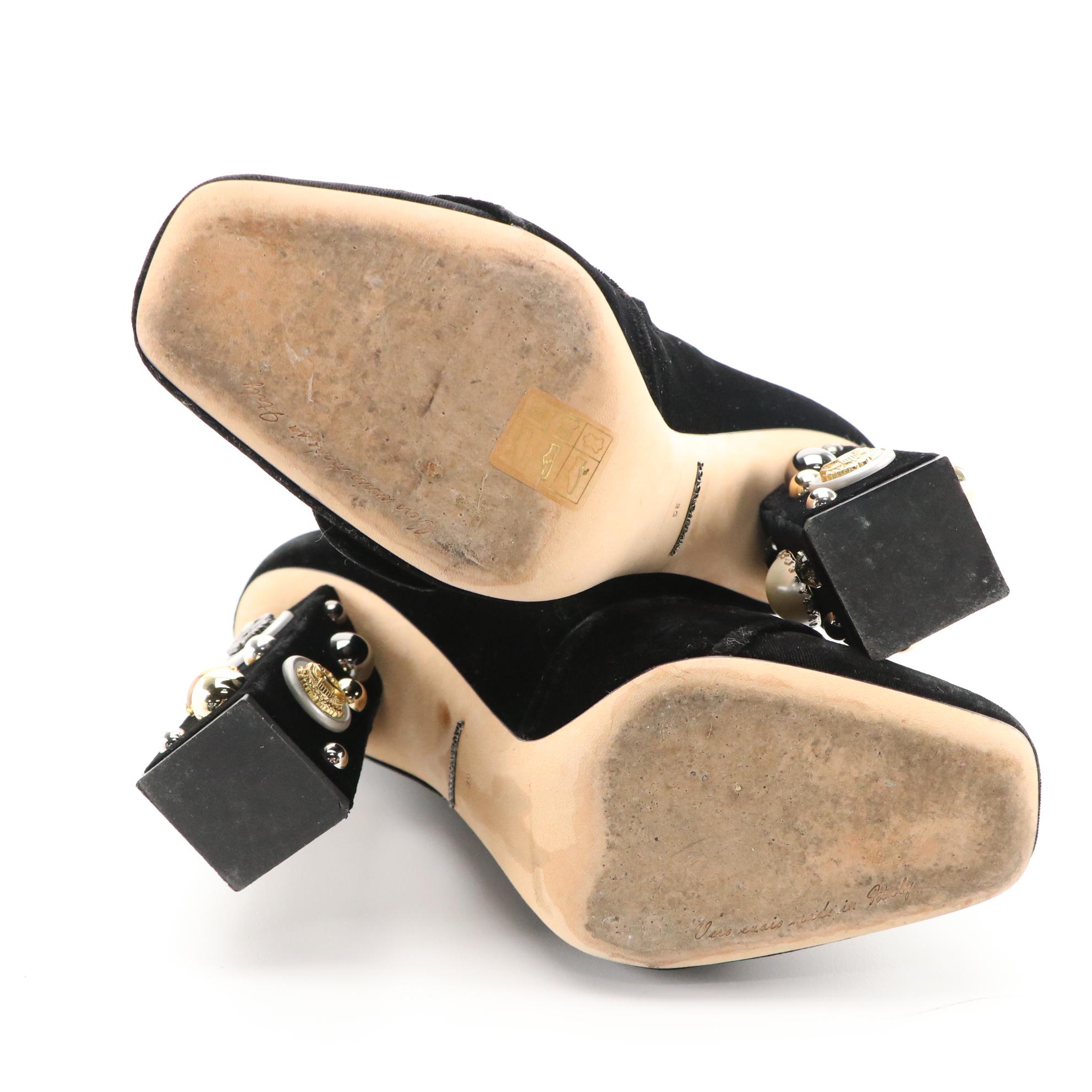 Dolce & Gabbana Black Velvet Embellished Block Heel Booties | EBTH