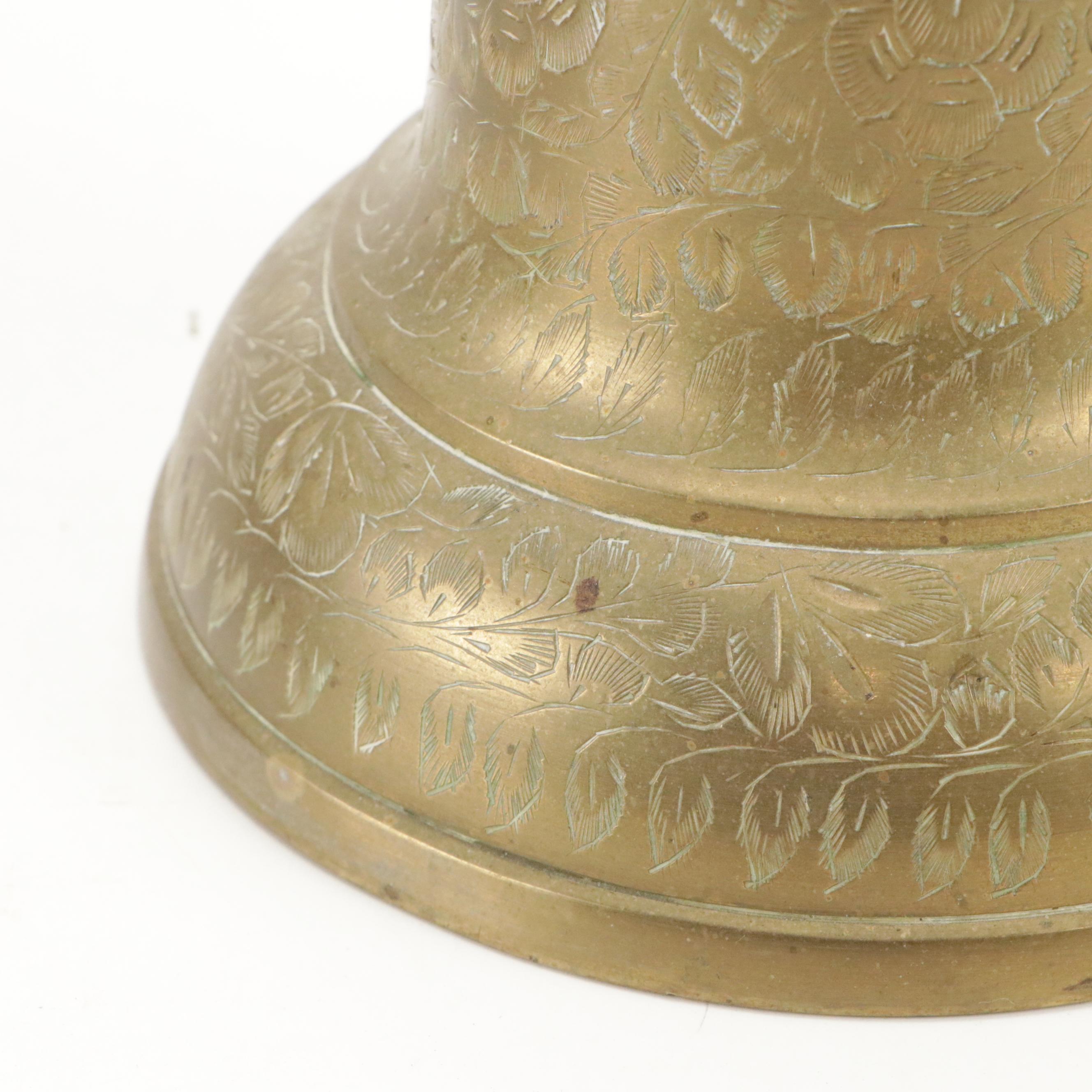 Indo-Persian Style Chased Brass Bell with Wooden Bowl | EBTH
