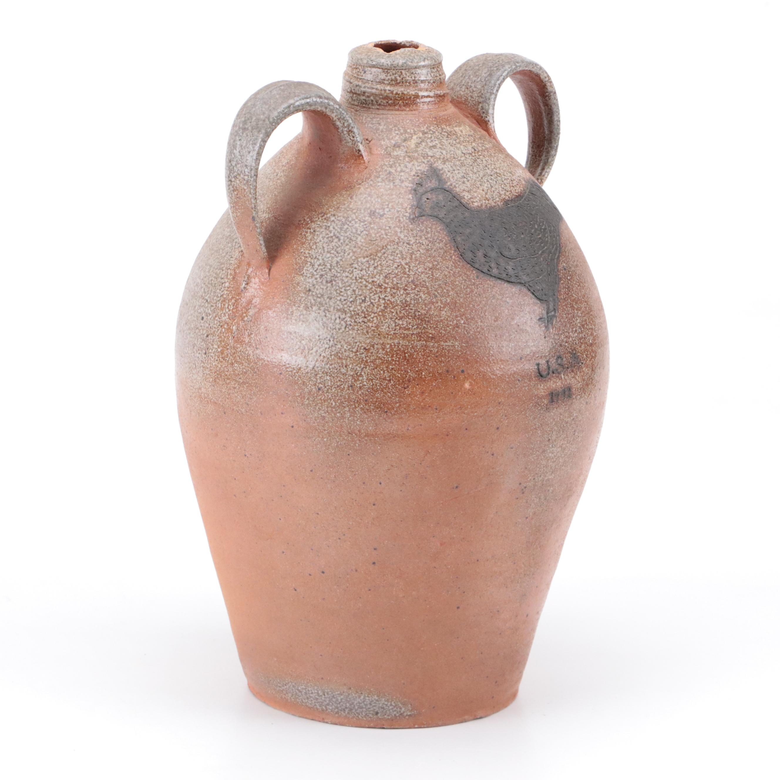 American Stoneware Folk Art Style Double Handled Jug, 1992 | EBTH