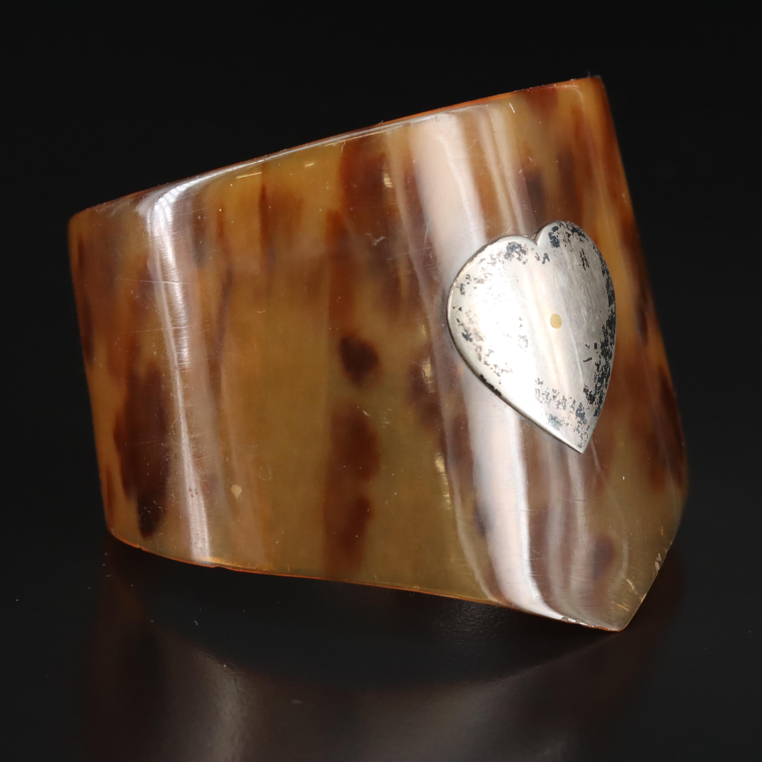 Vintage Carved Tortoise Shell Bangles and Cuff with Sterling Heart | EBTH