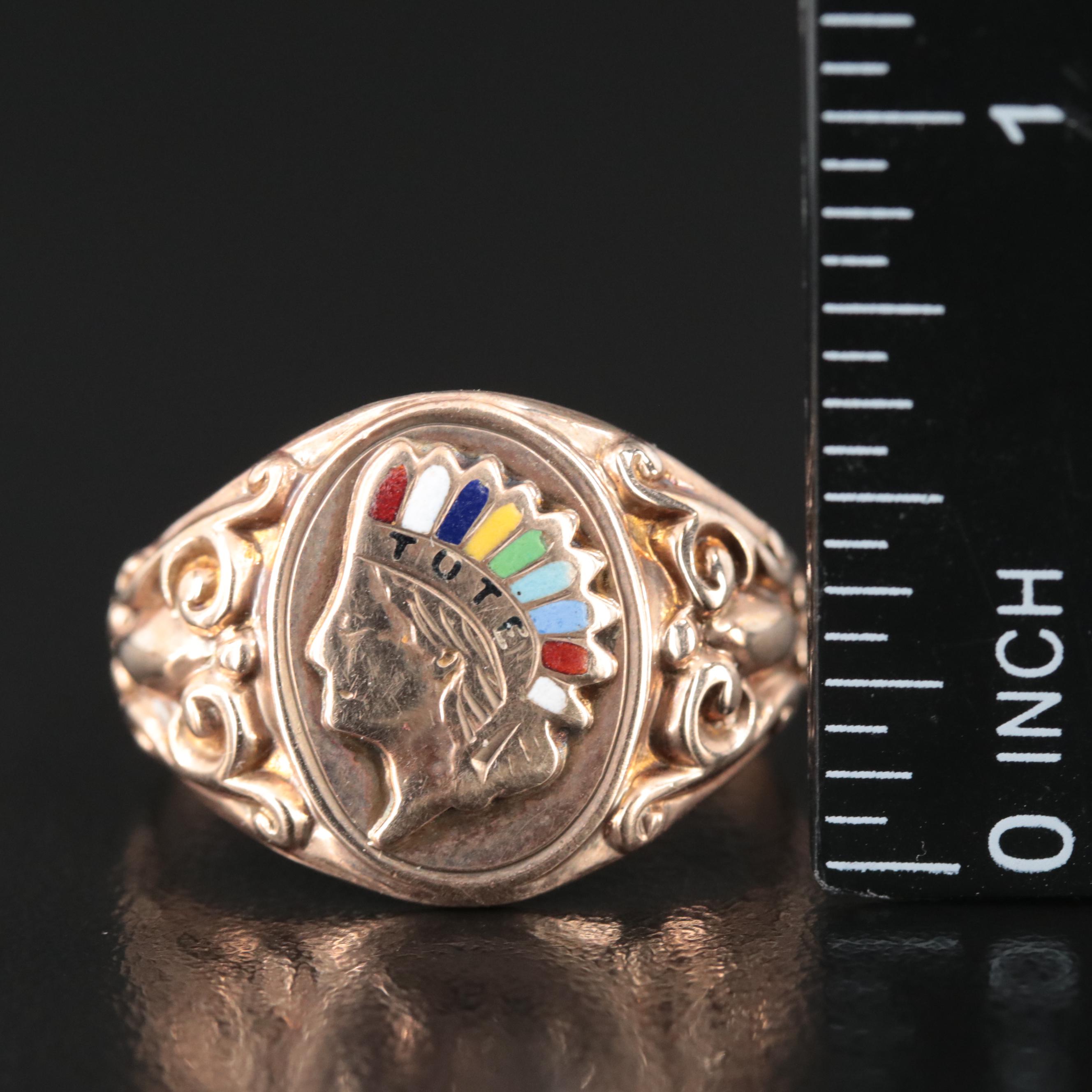 Vintage 9K Enamel Indian Head Ring | EBTH