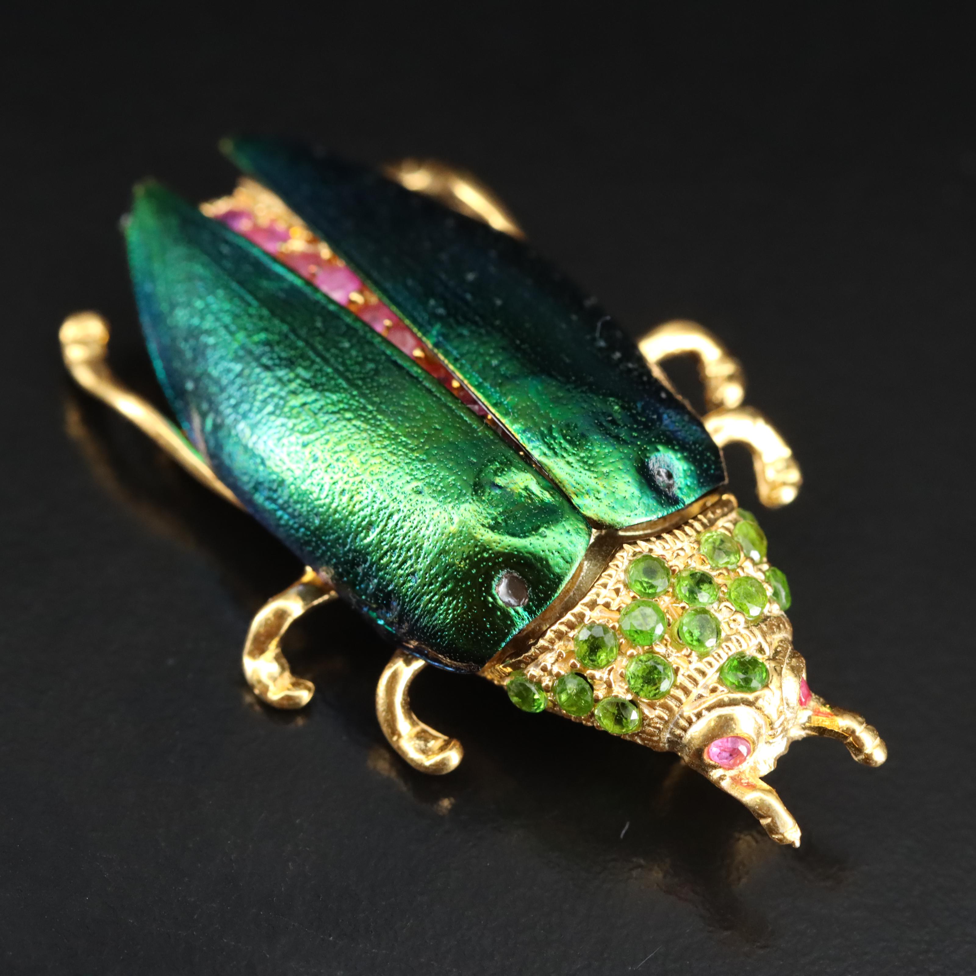 Sterling Jewel Beetle Brooch with Ruby, Diopside and Elytra Beetle ...