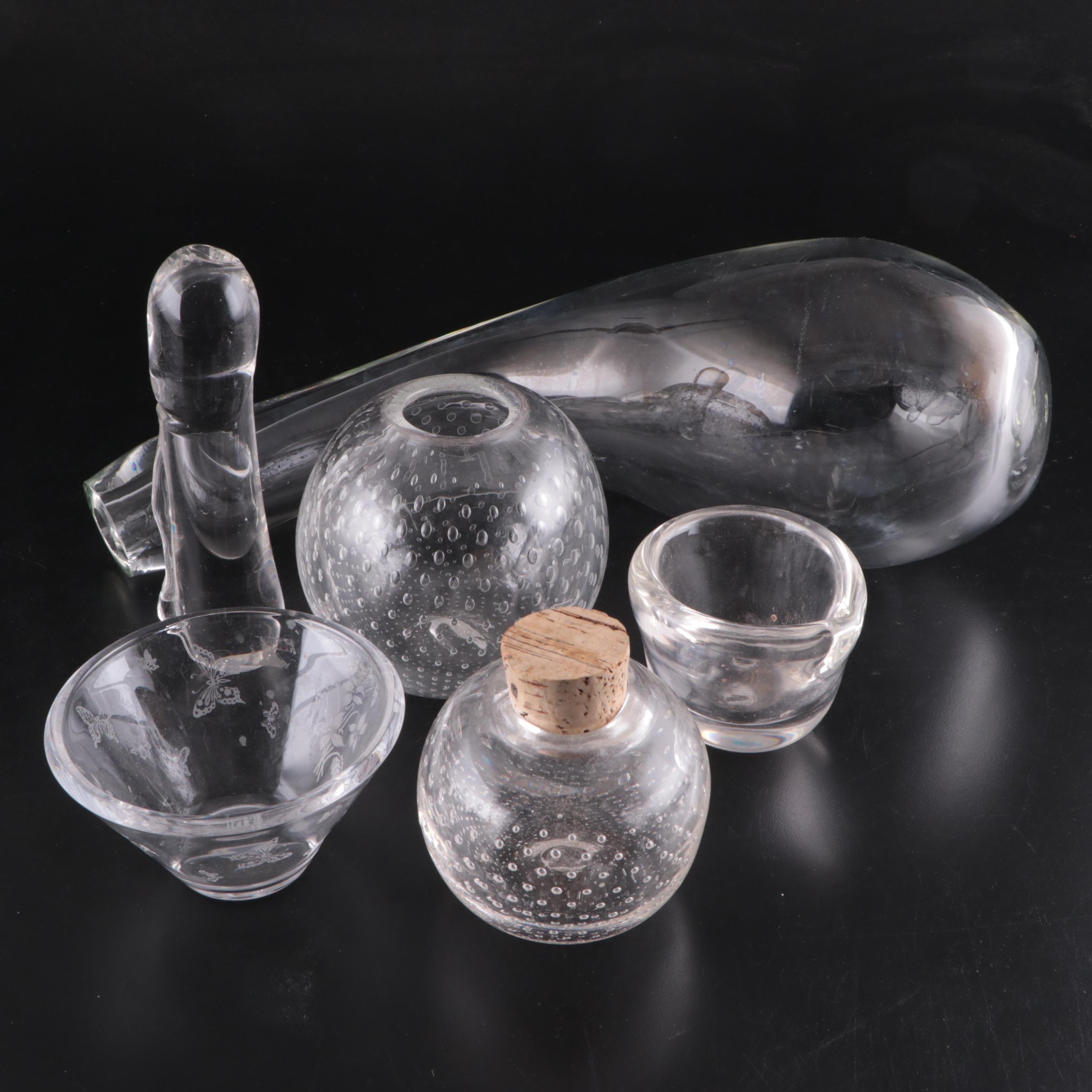 Handblown Clear Art Glass Vases, Bowls, Jar, and Phallus | EBTH