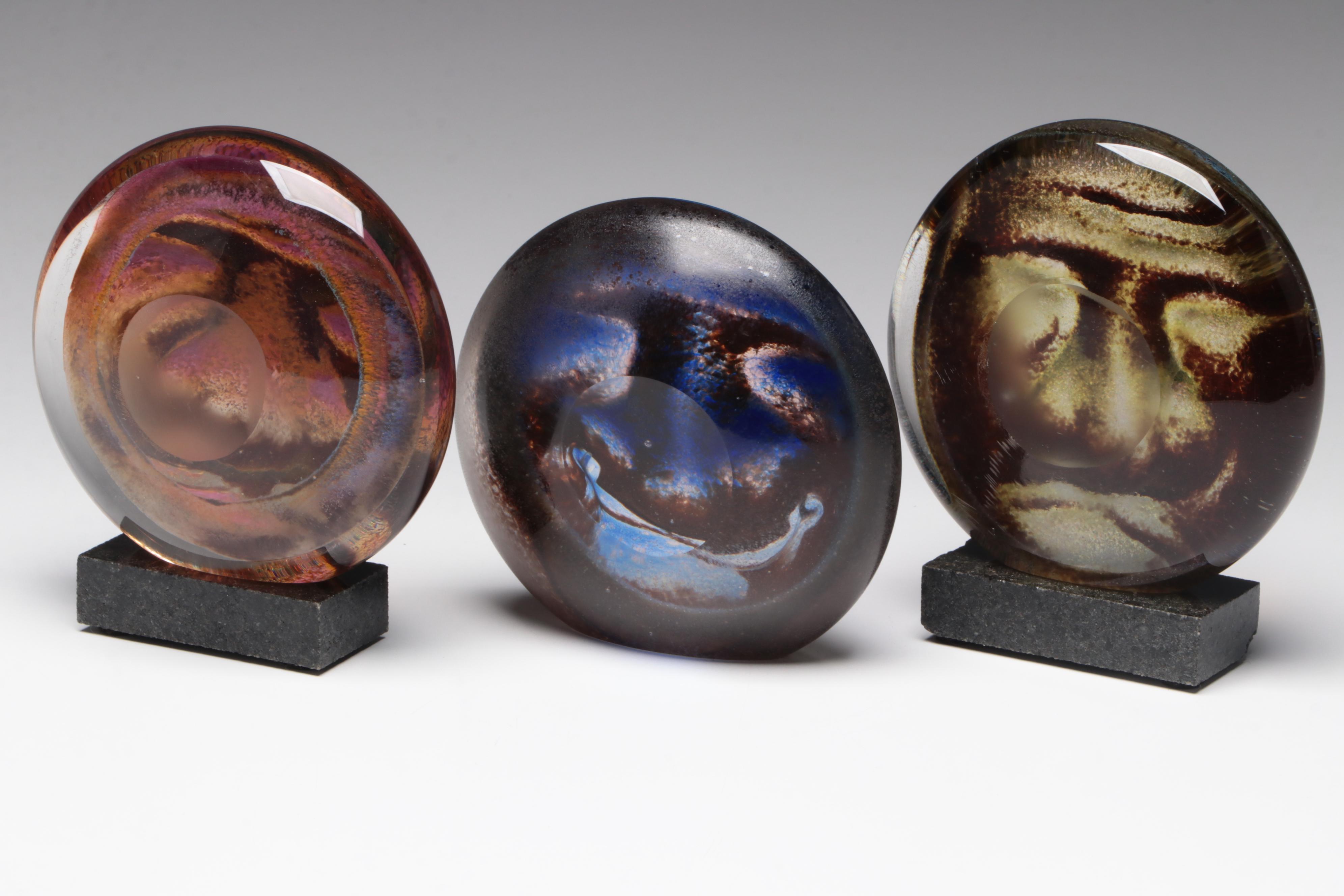 Andy Hudson Handcrafted Studio Art Glass Disk Face Paperweights | EBTH