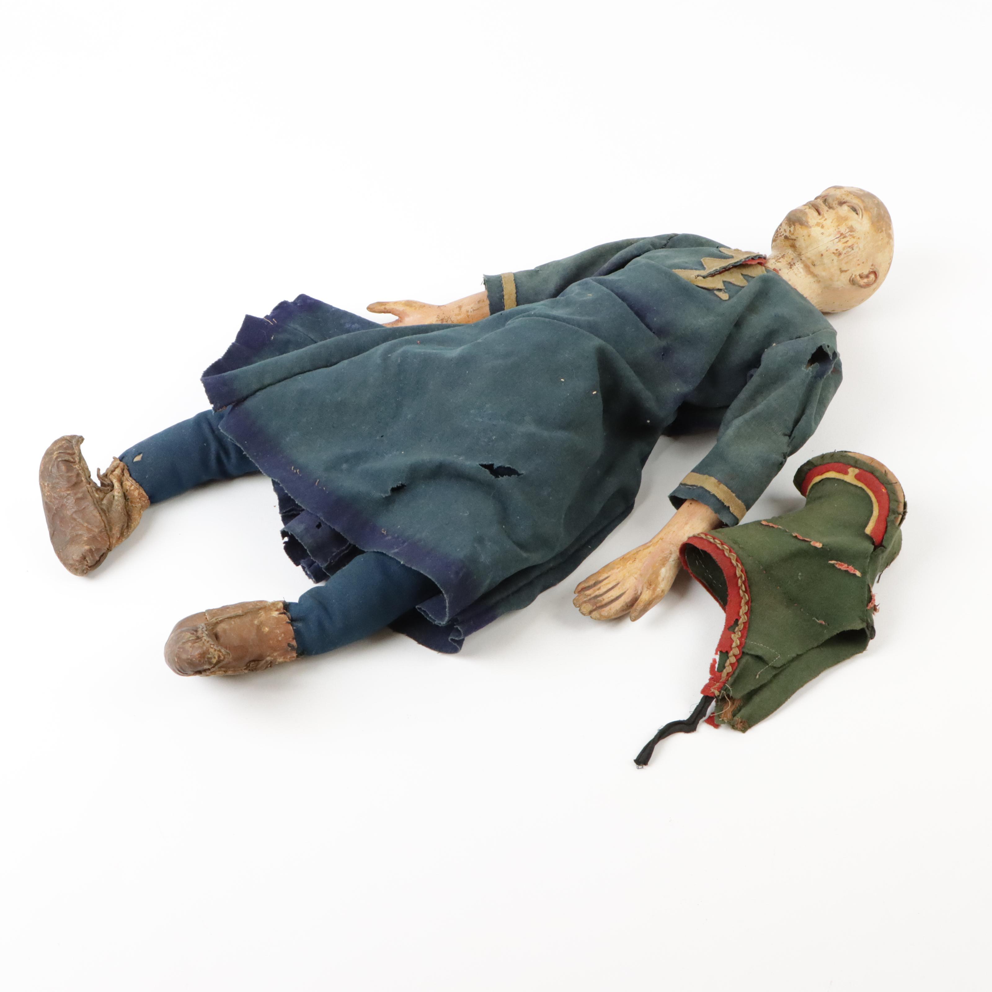 Eastern European Carved Wood and Fabric Soldier Puppet Doll | EBTH
