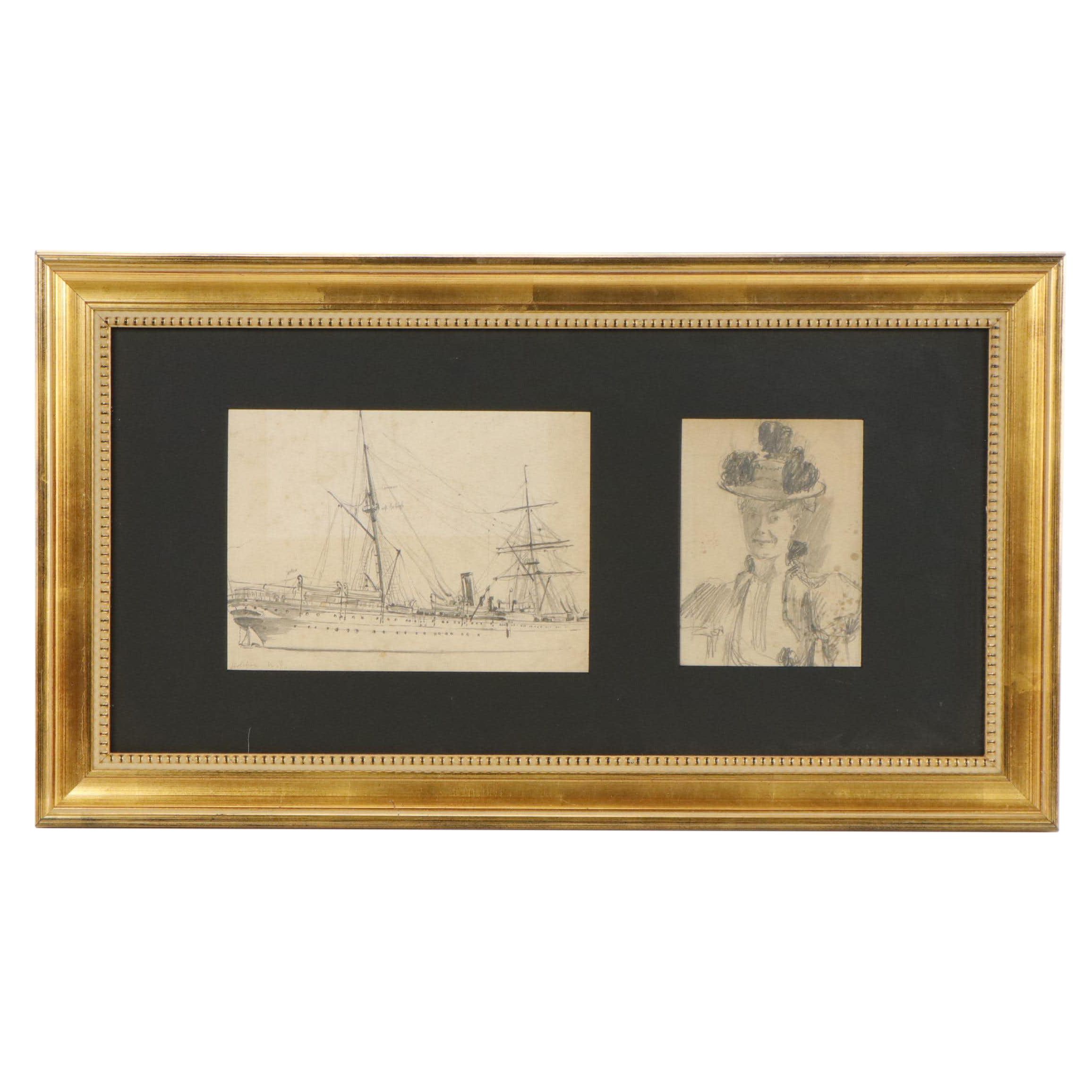 Graphite Drawings of a Ship and Portrait of a Woman, Early 20th Century ...