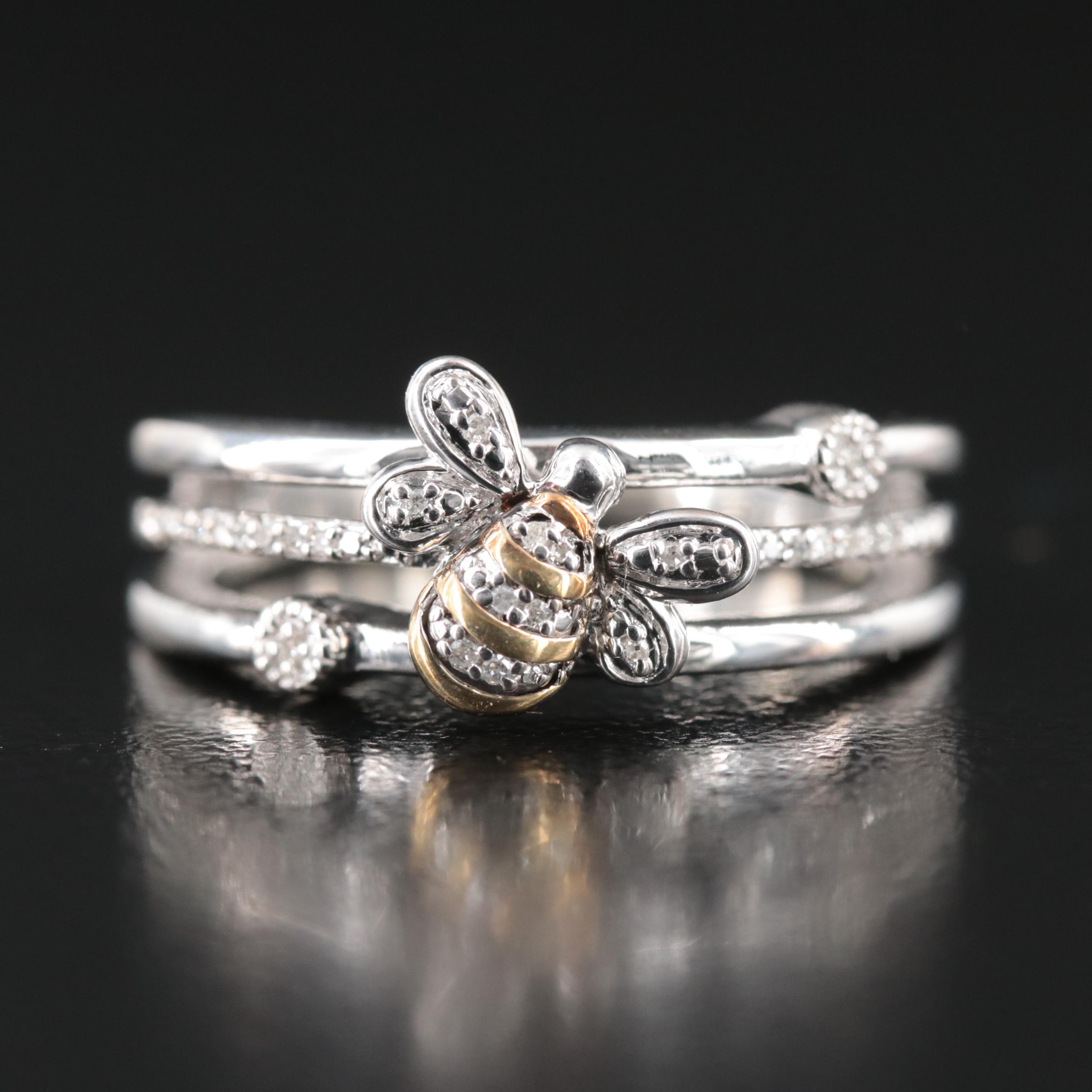 Sterling Diamond Bee Ring with 10K Accent | EBTH
