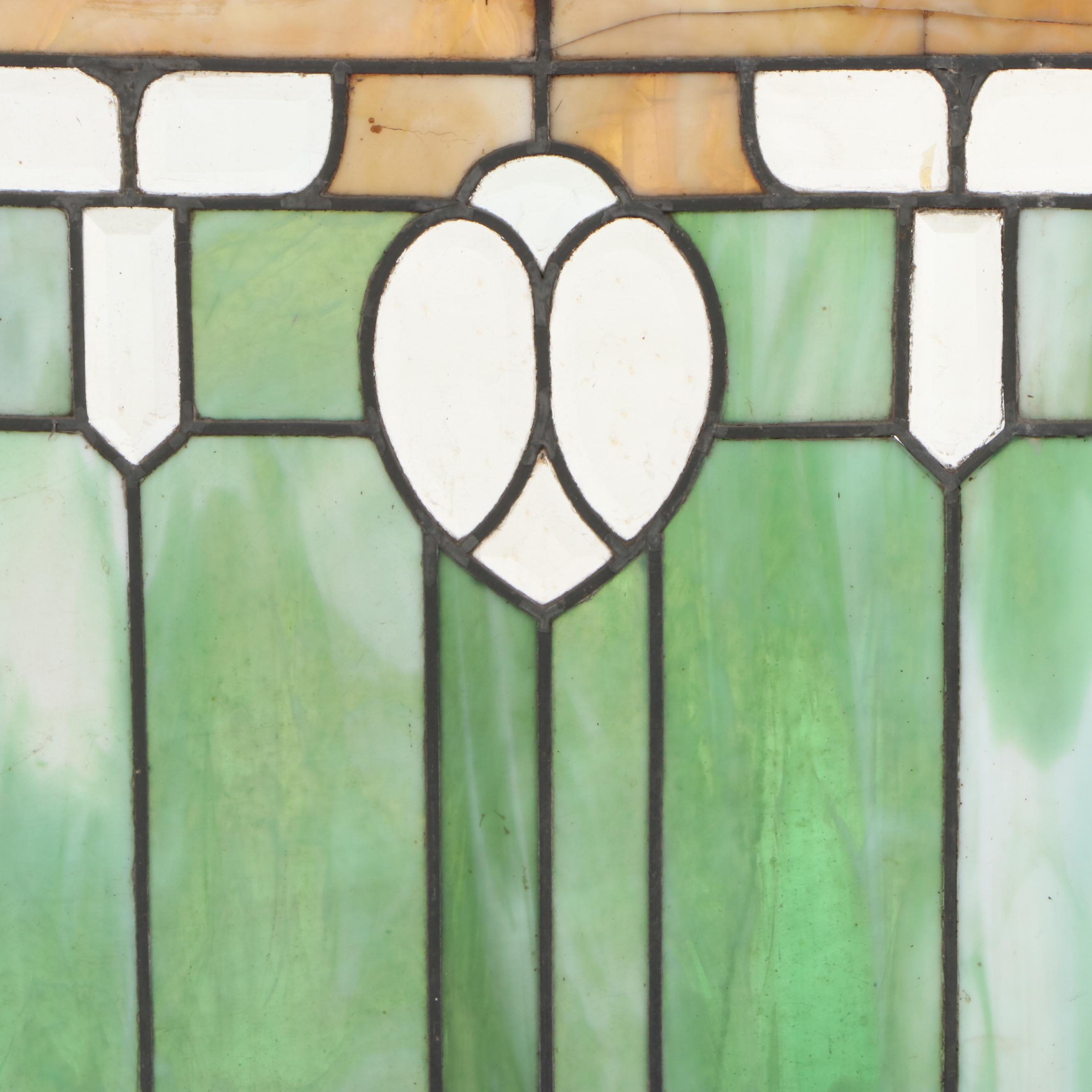 American Oak and Stained Glass Tripartite Window Panel, Early 20th ...