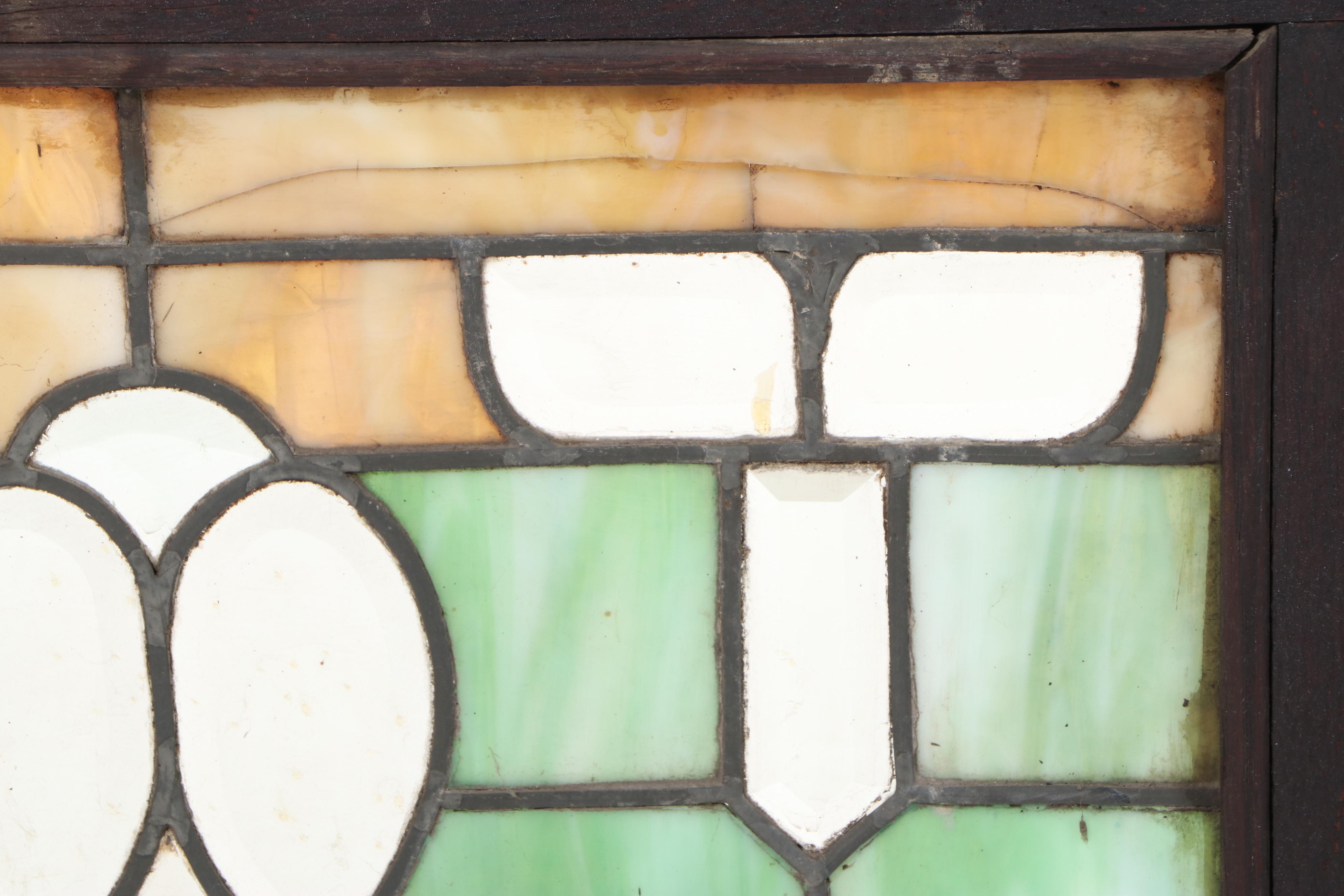 American Oak and Stained Glass Tripartite Window Panel, Early 20th ...