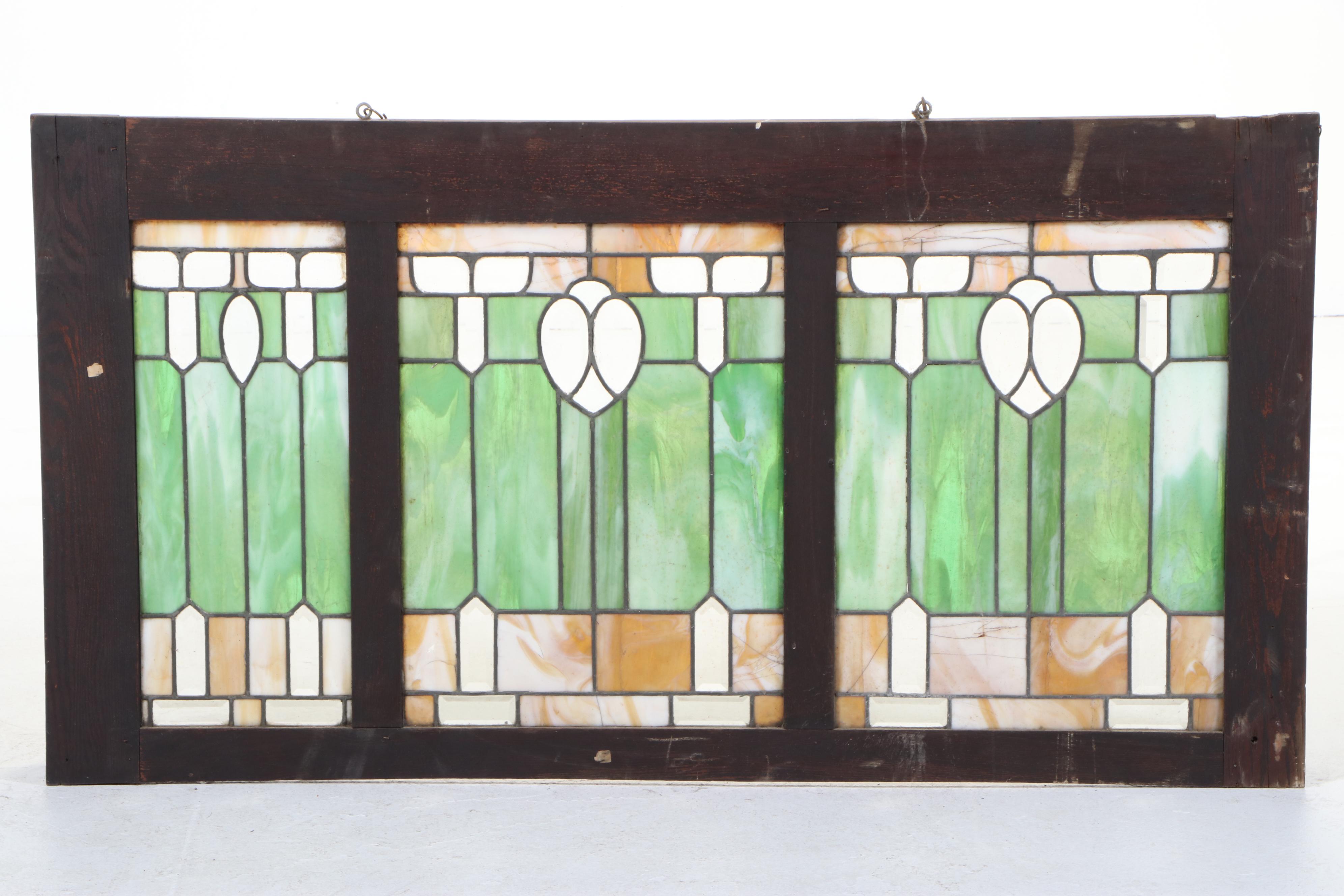 American Oak and Stained Glass Tripartite Window Panel, Early 20th ...