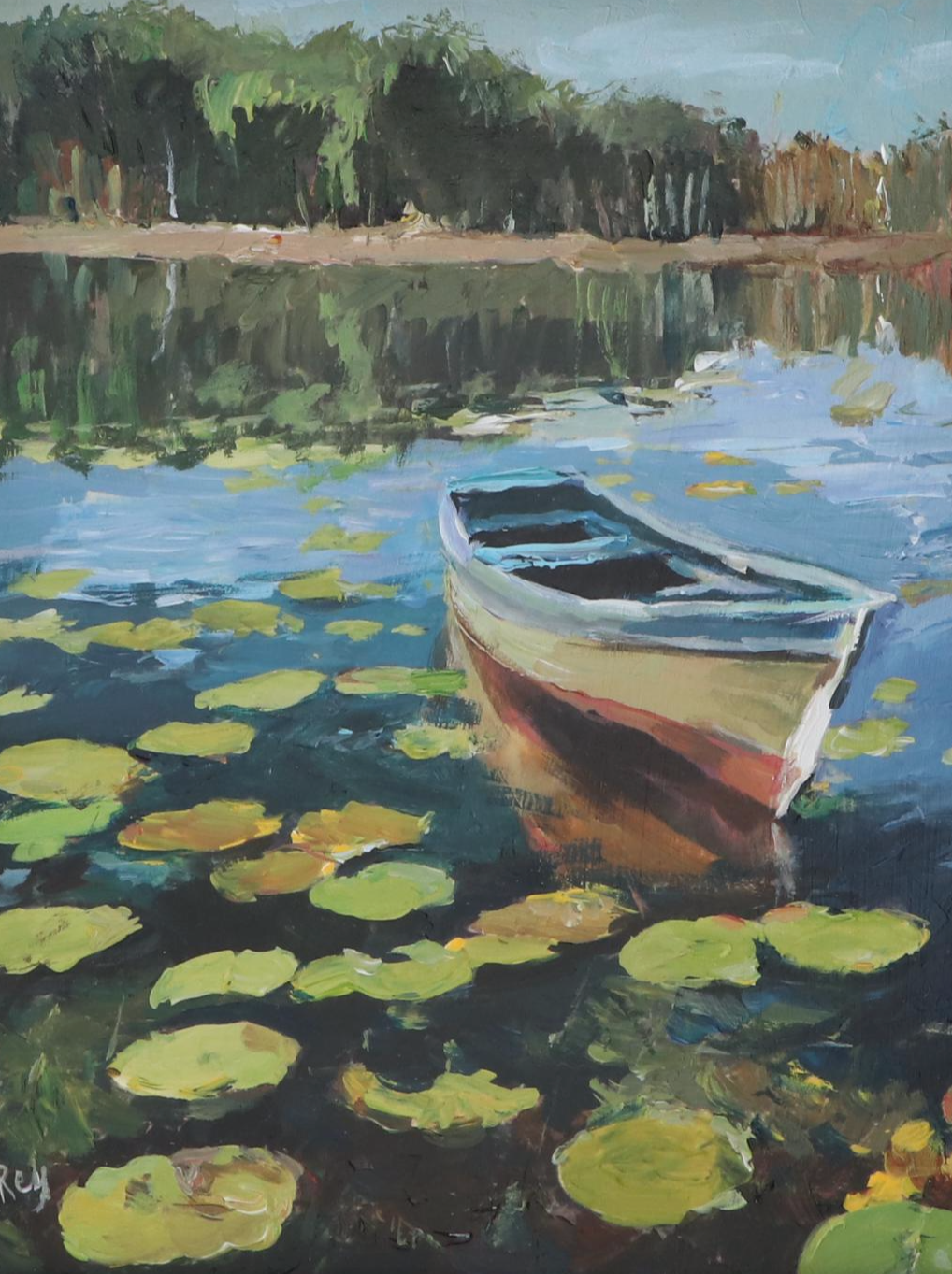 Agnes Rey Landscape Oil Painting with Boat on Lily Pond | EBTH