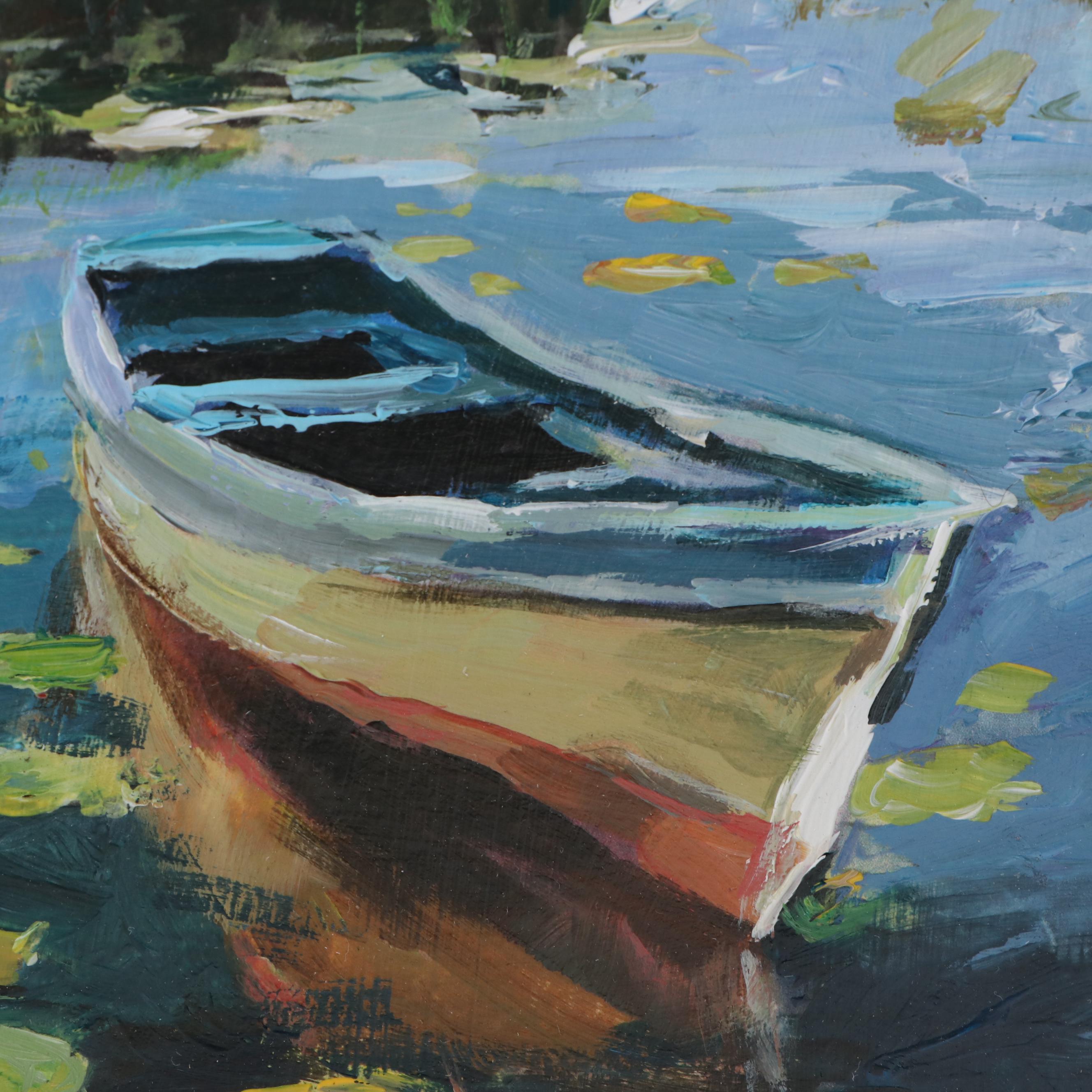 Agnes Rey Landscape Oil Painting with Boat on Lily Pond | EBTH