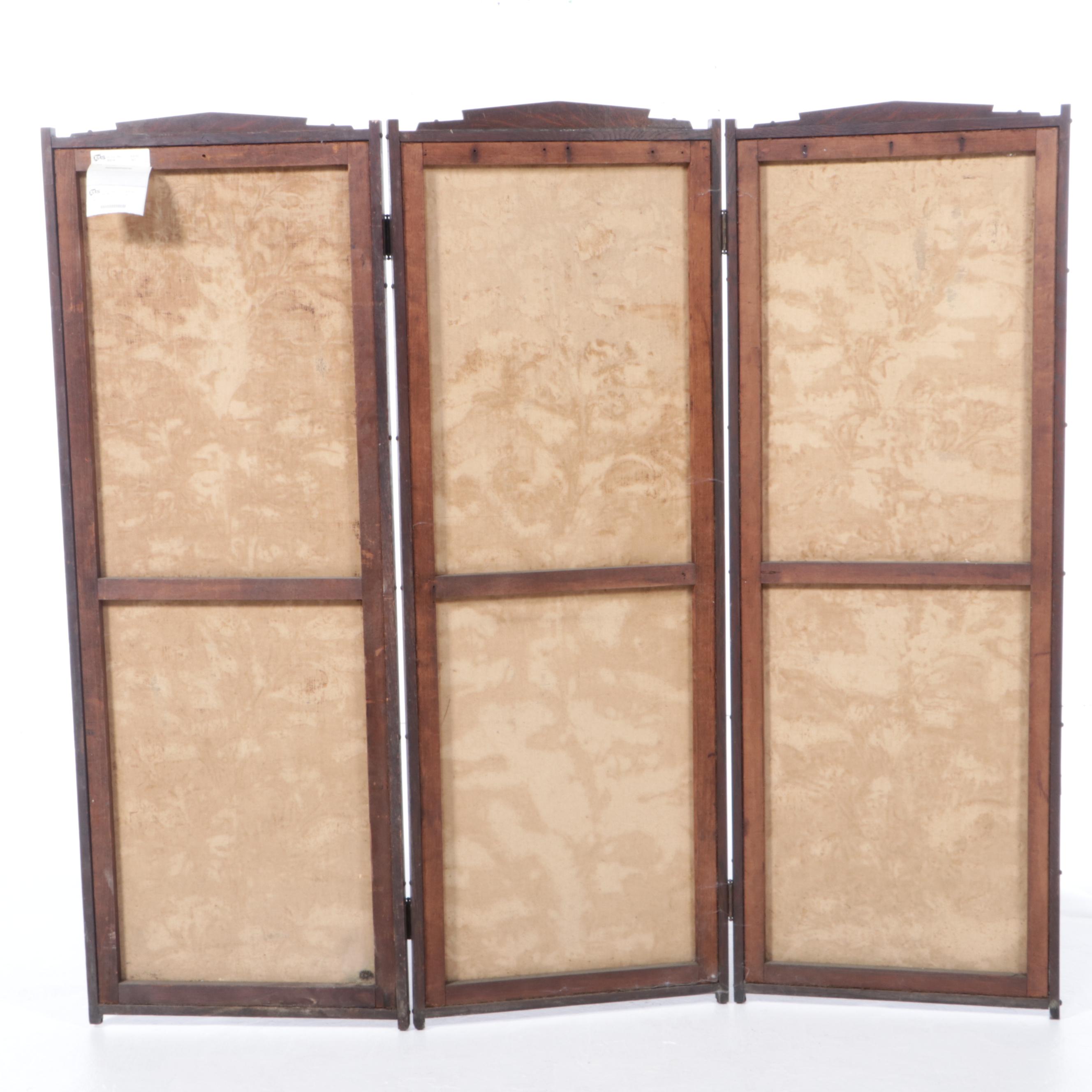 Arts & Crafts Oak and Embossed Paperboard-on-Canvas Three-Fold Screen ...