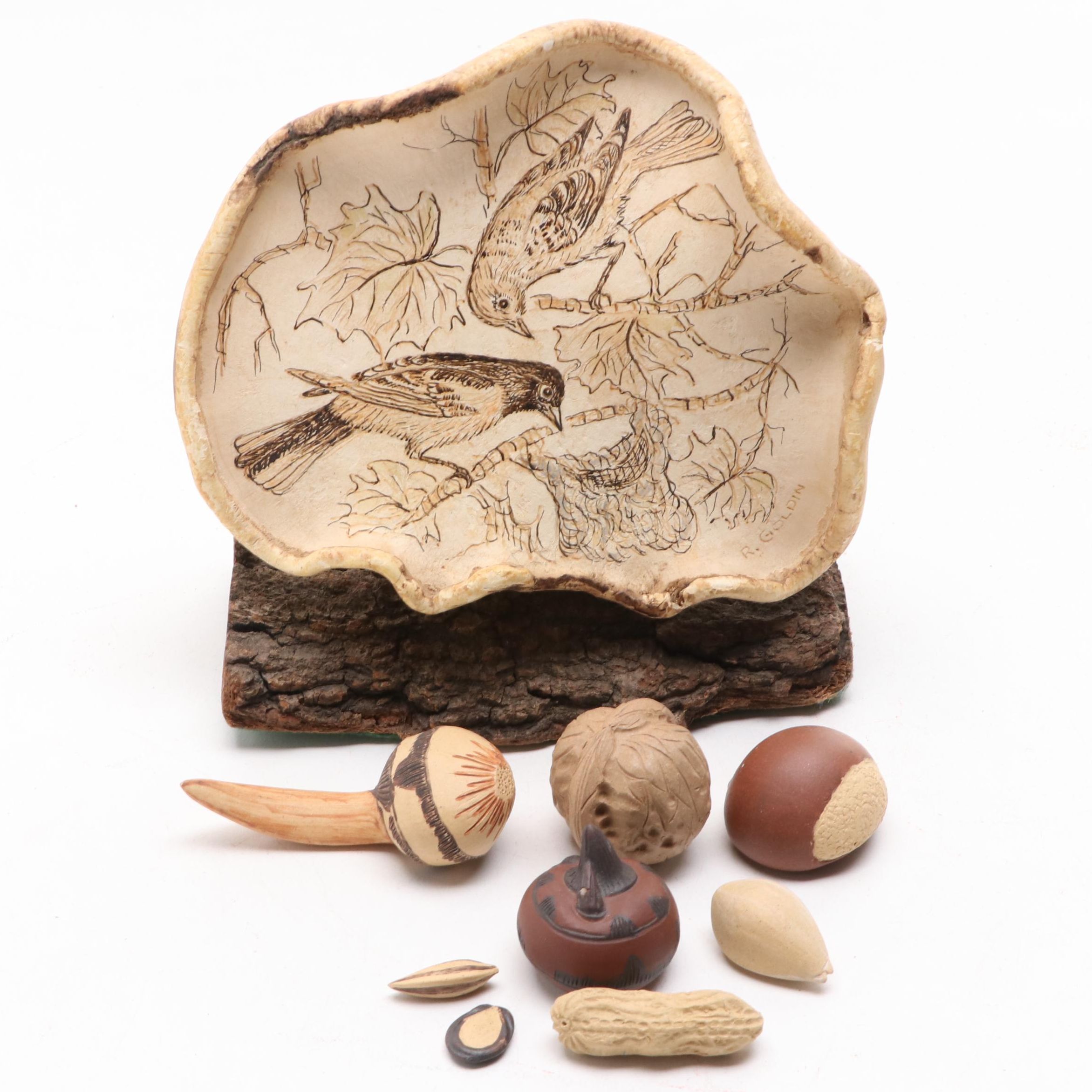 Pyrography Carved Tree Conk with Wooden and Ceramic Seeds and Nuts | EBTH