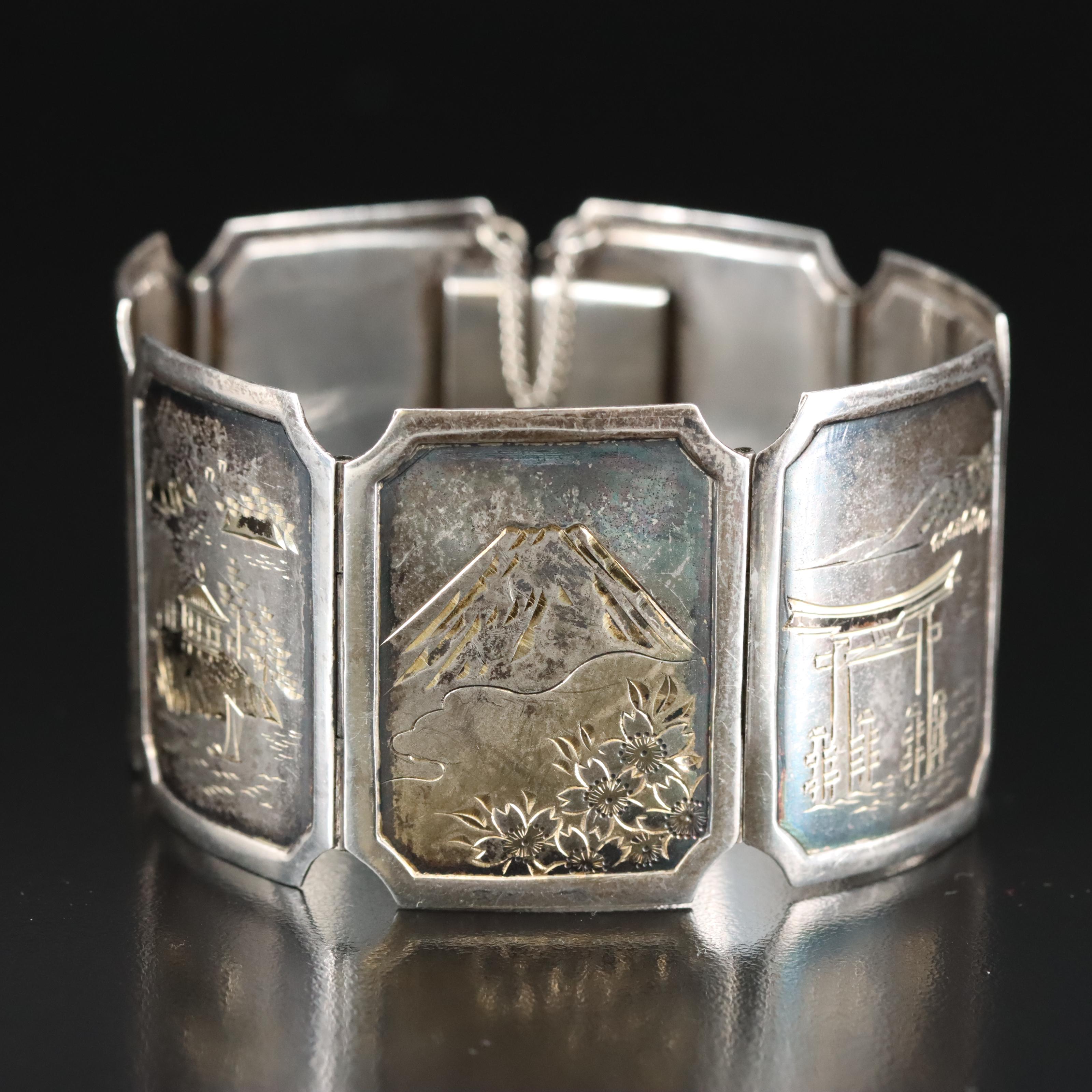 Vintage 950 Silver Scenic Japan Panel Bracelet | EBTH