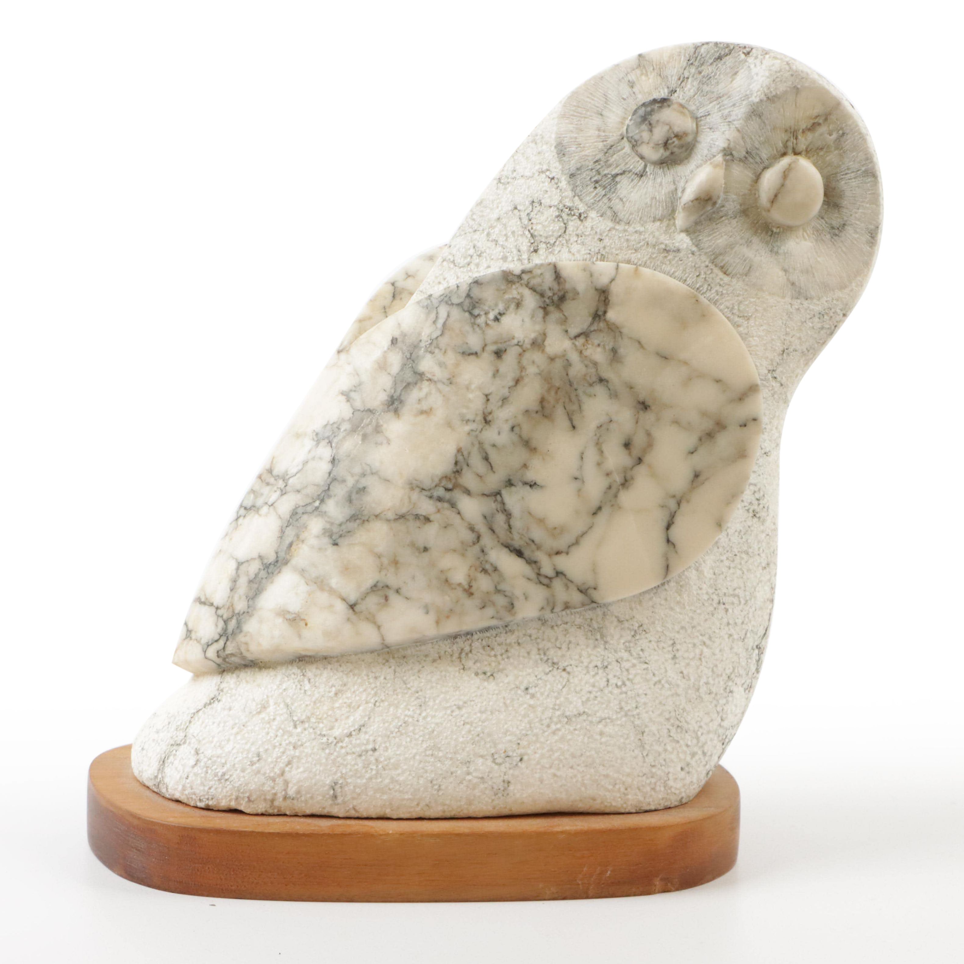 Artist Signed Art Deco Carved Marble Owl Sculpture on Teak Base, 1988 ...