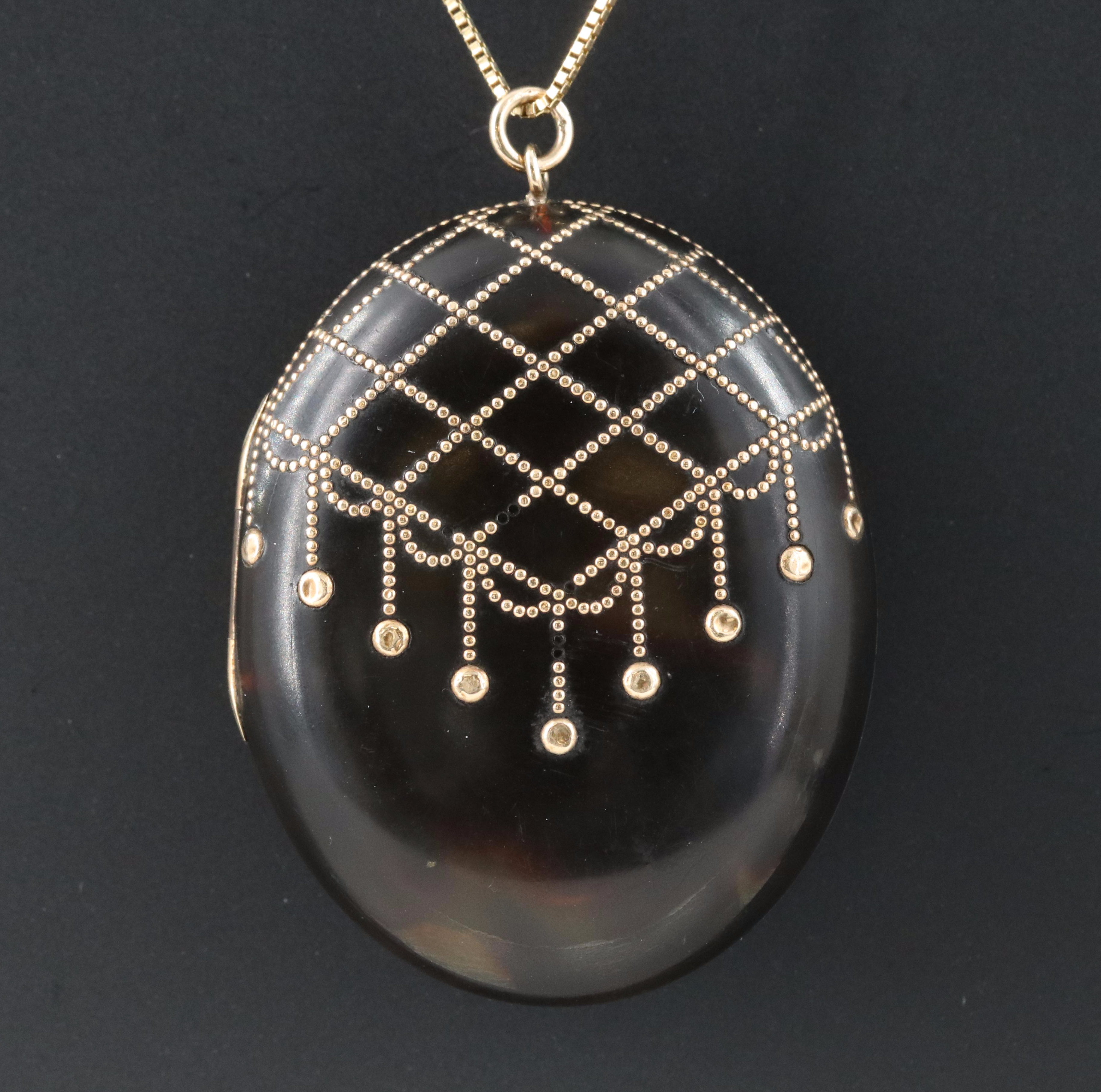 Antique Tortoise Shell Locket with 10K Details and 14K Box Chain ...