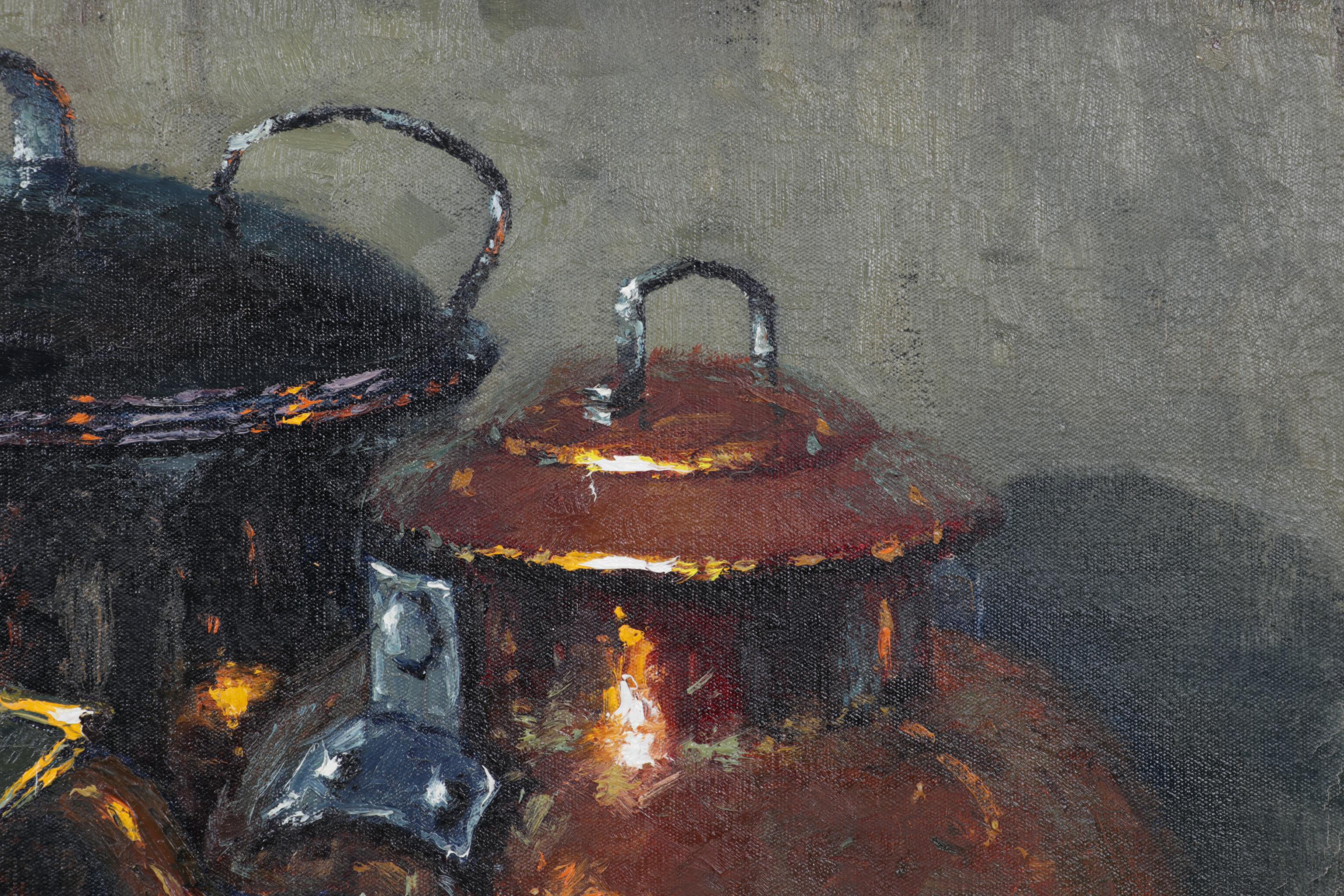Hennie Griesel Still Life Oil Painting Of Copper, Glass, and Porcelain ...