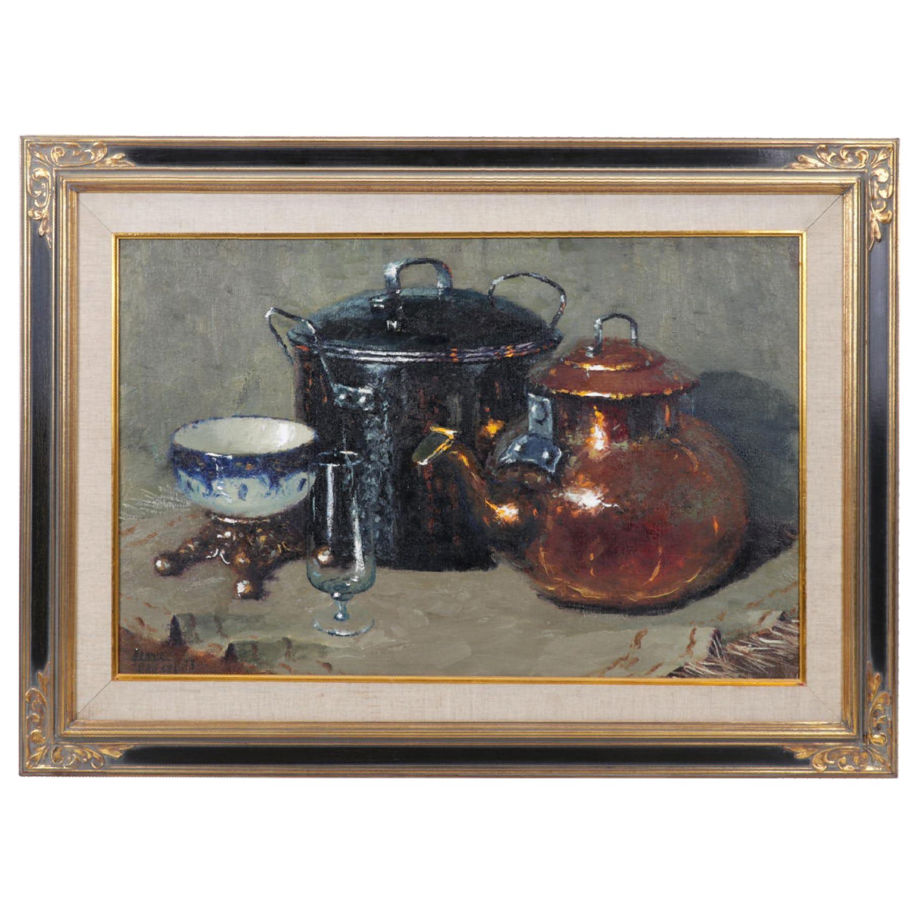 Hennie Griesel Still Life Oil Painting Of Copper, Glass, and Porcelain ...