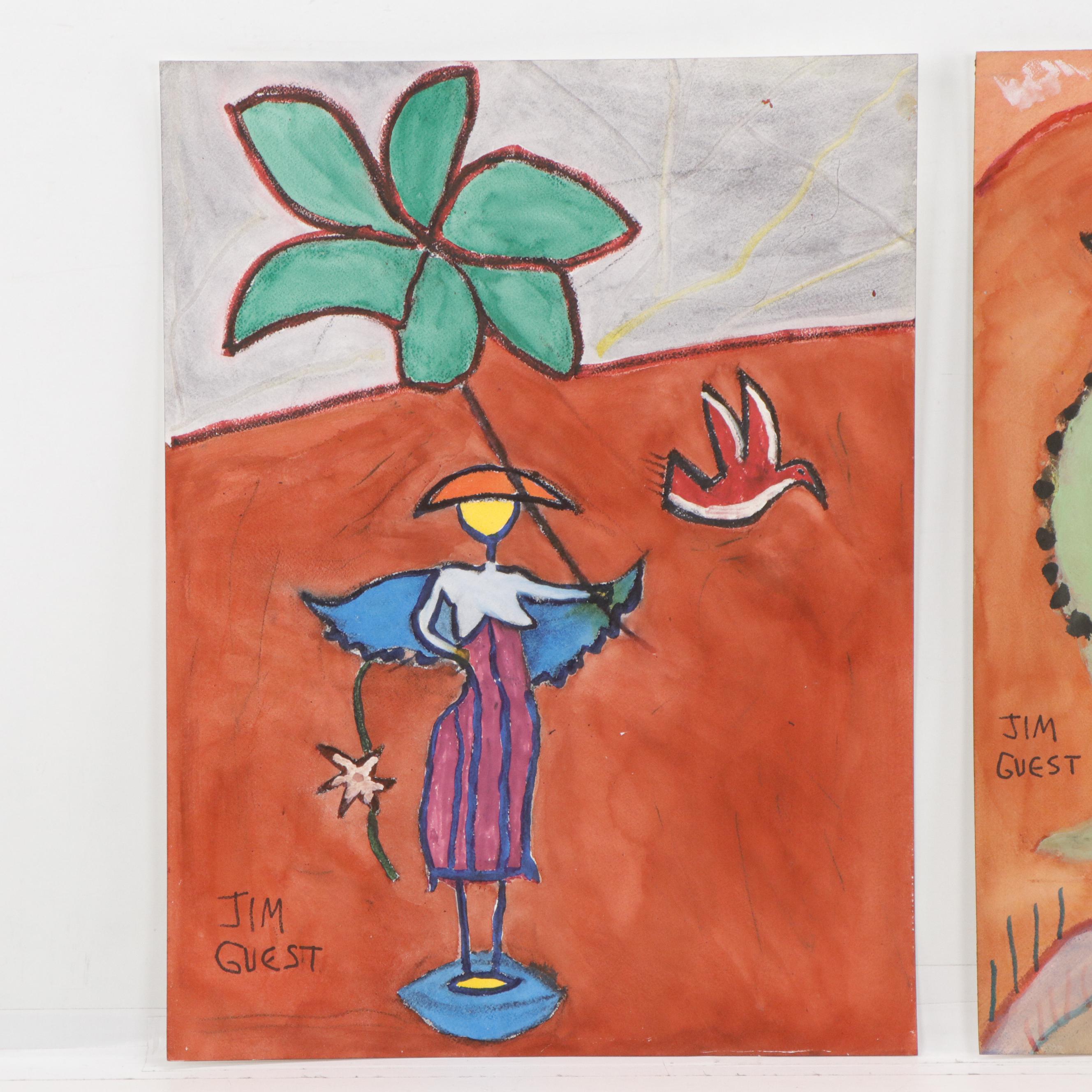 Jim Guest Stylized Figural Mixed Media Paintings | EBTH