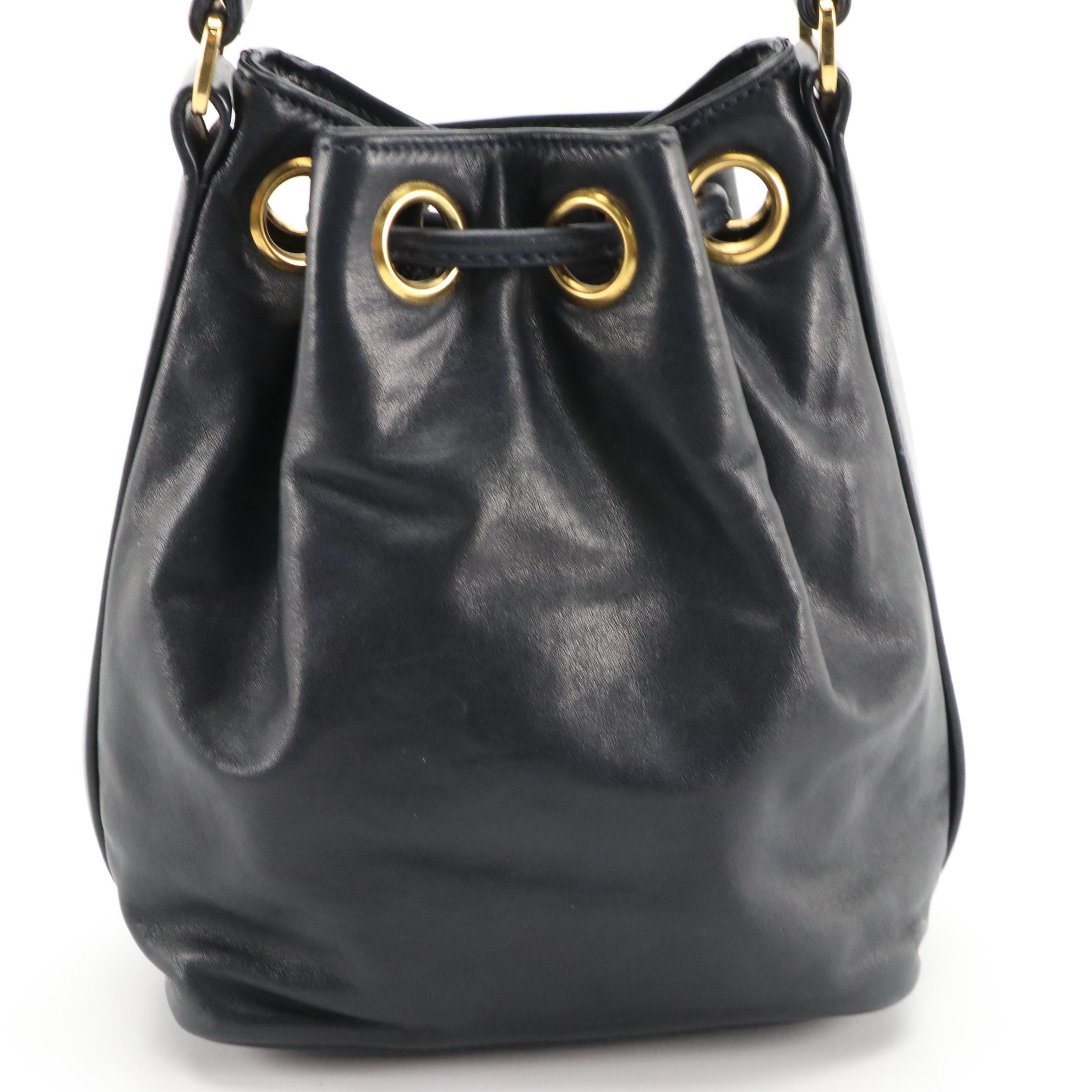 Chanel CC Mini Drawstring Bucket Bag in Navy Lambskin Leather with Zip ...
