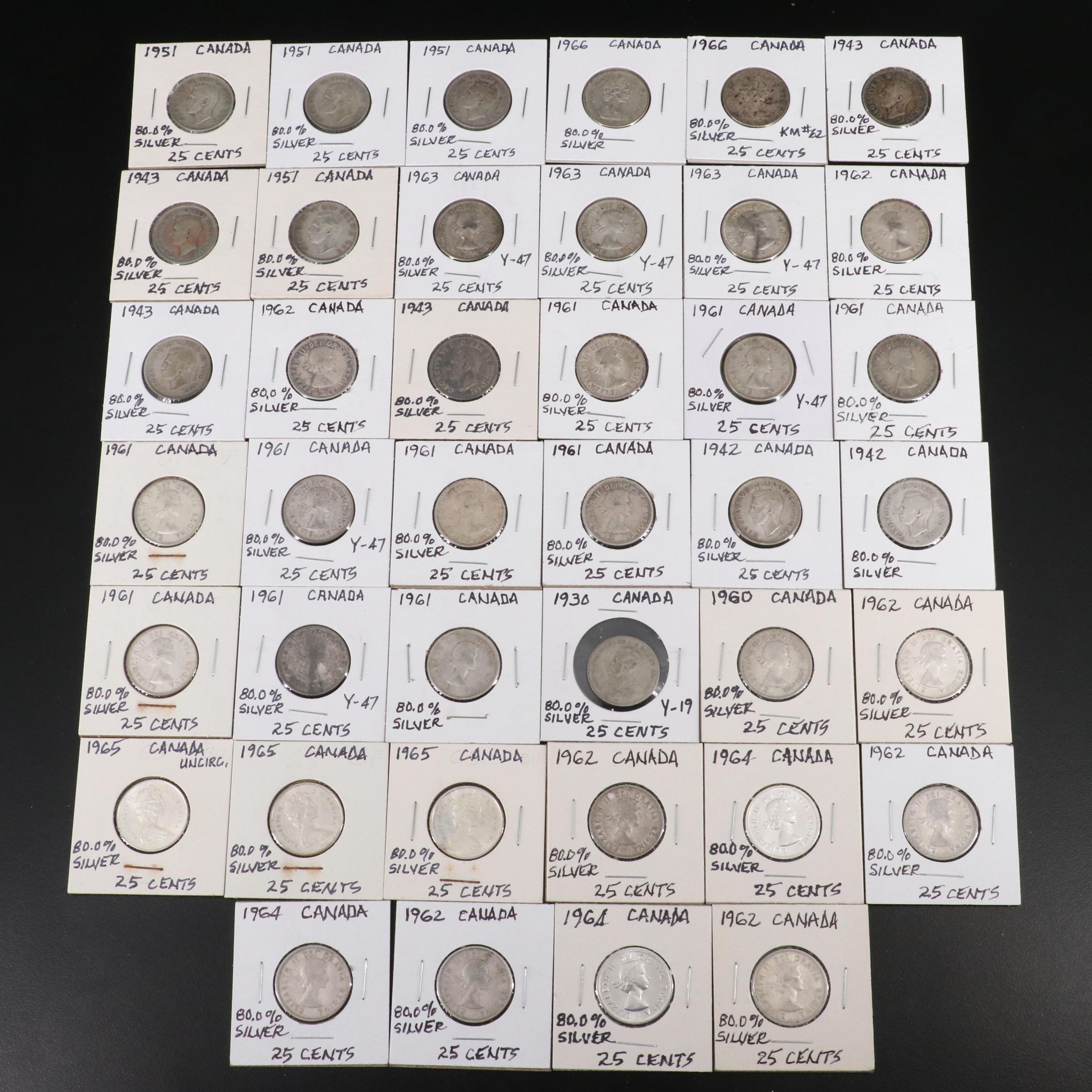 Collection of Forty Canada .800 Silver Twenty-Five Cent Coins | EBTH