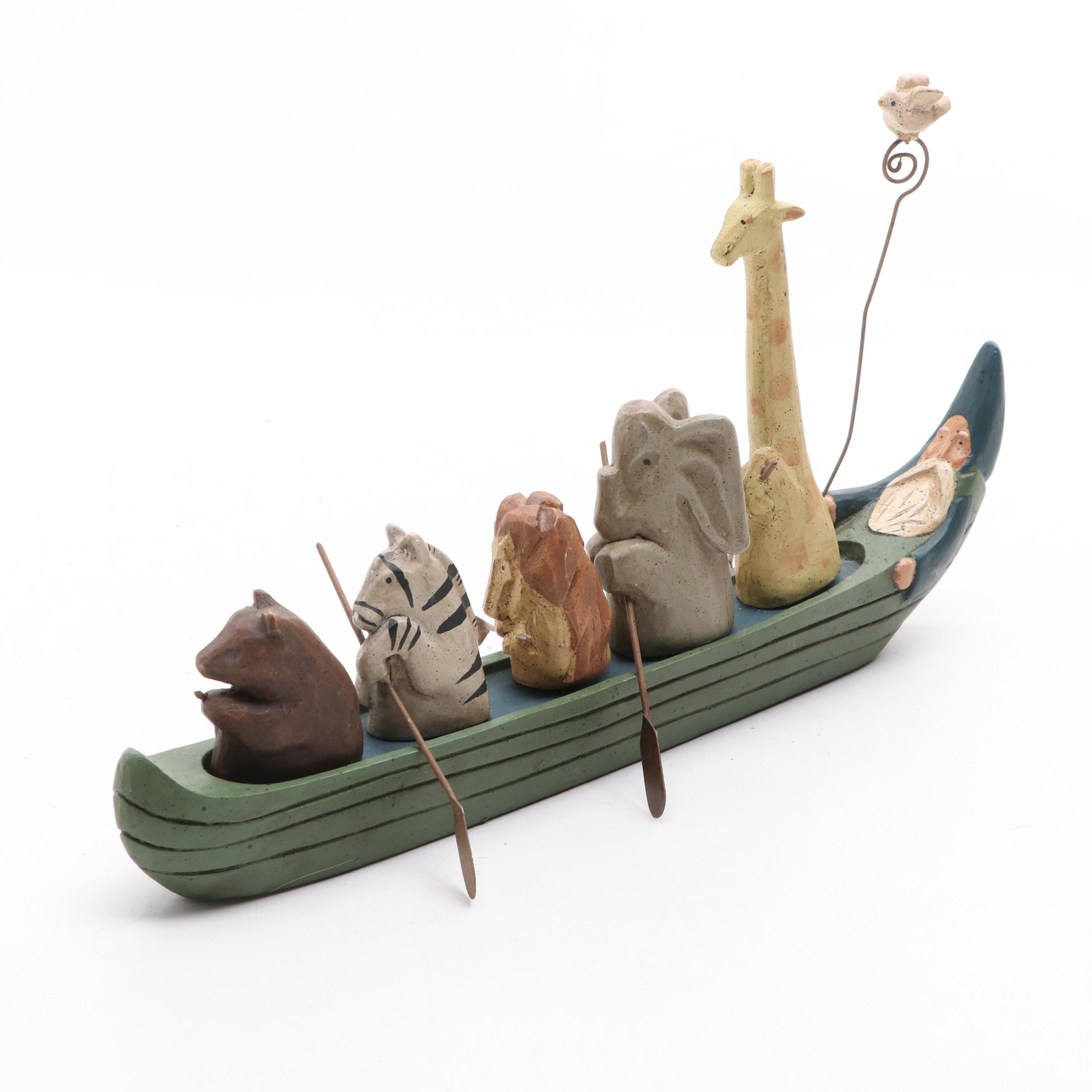 Mixed Media Sculpture of Noah's Ark Animals in Canoe | EBTH