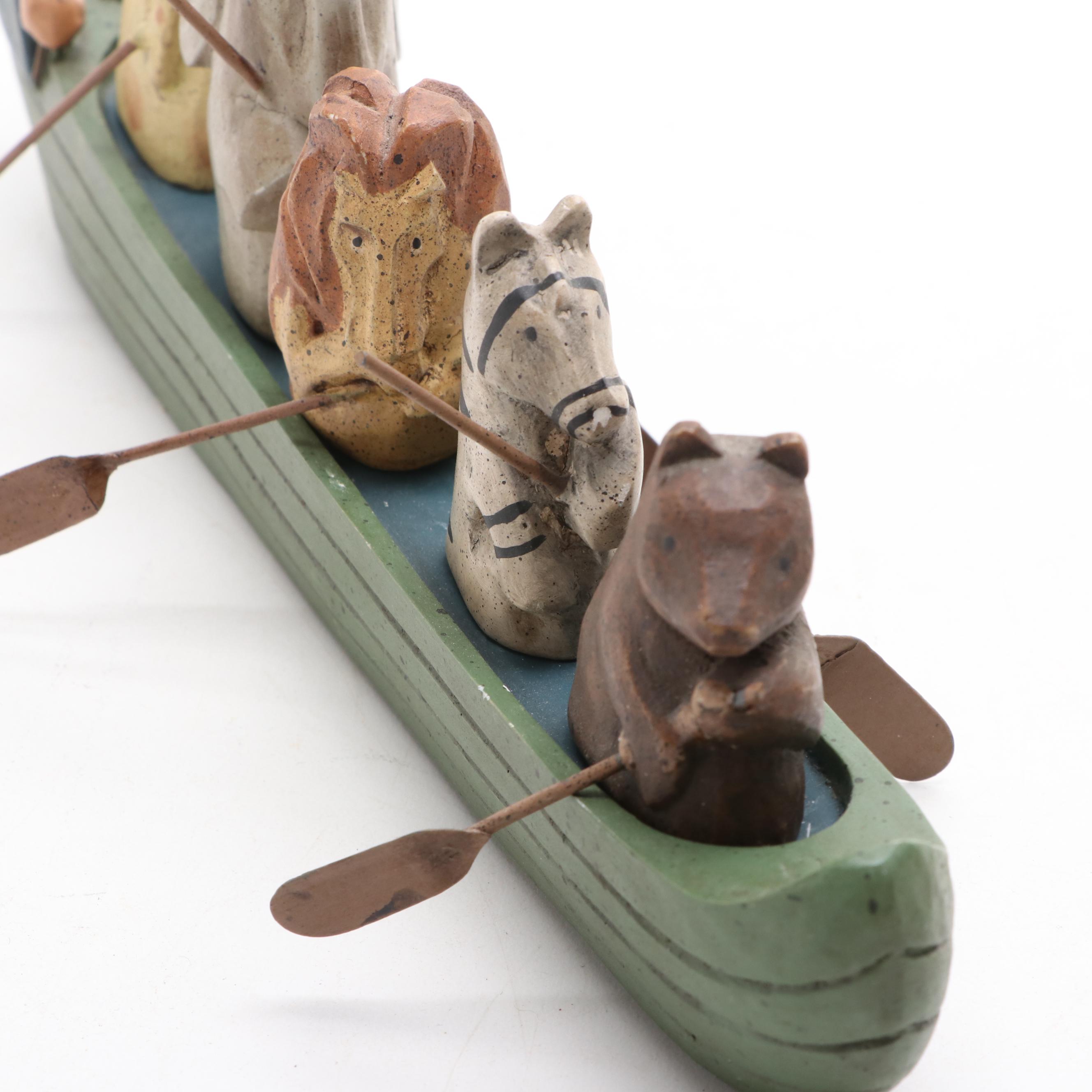 Mixed Media Sculpture of Noah's Ark Animals in Canoe | EBTH
