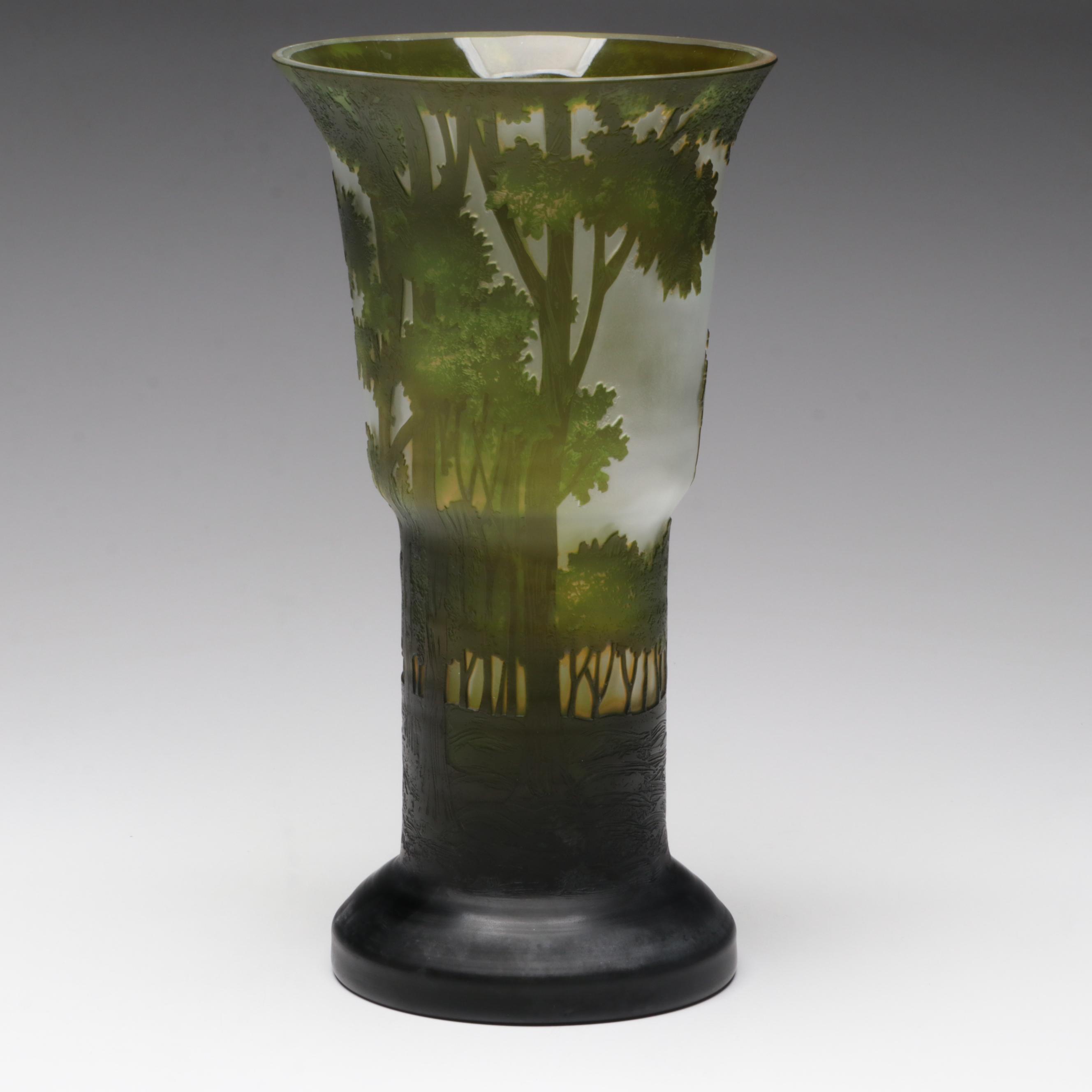Tozai Home Gallé Style Etched Moss Green Cameo Art Glass Vase | EBTH