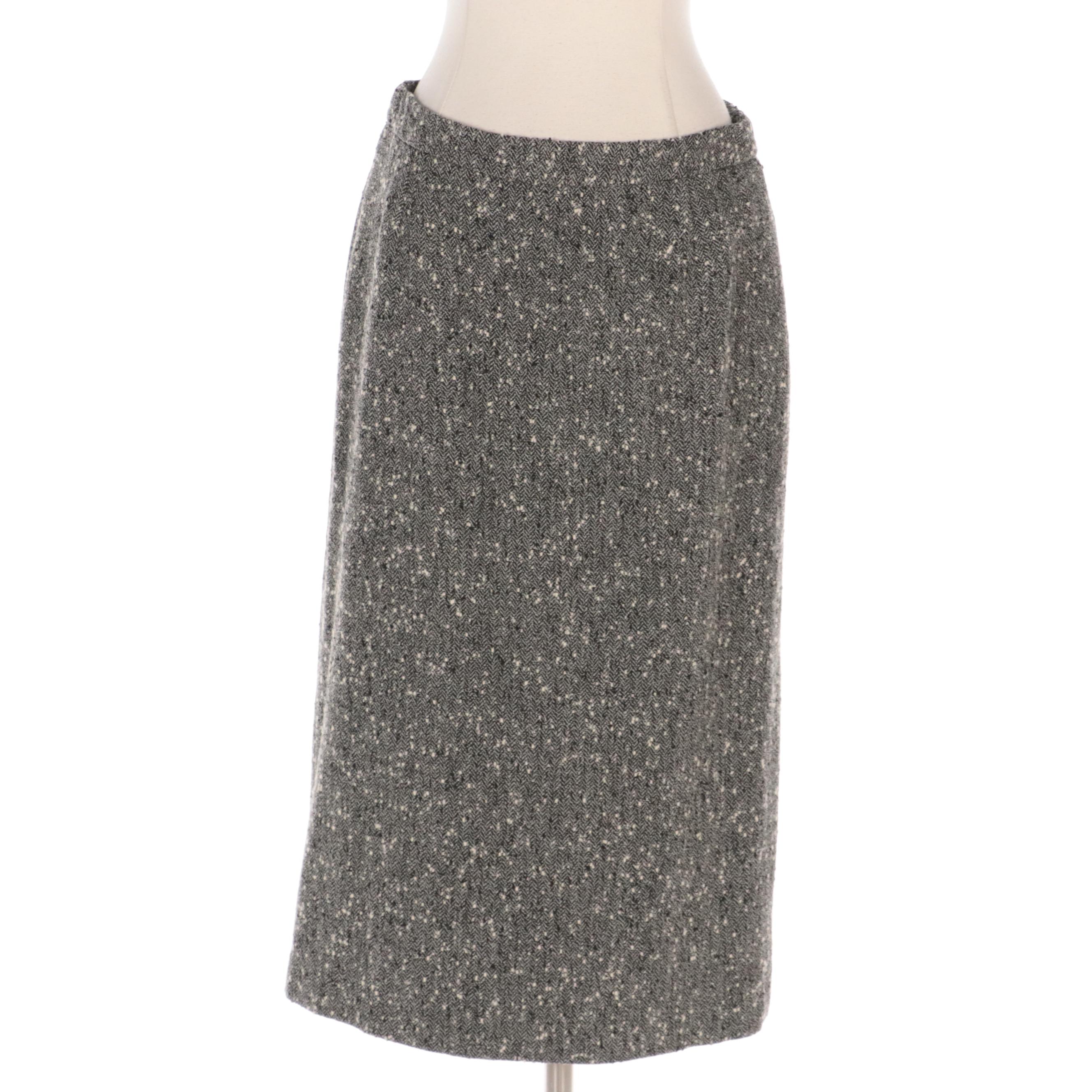 Neiman Marcus Grey Textured Wool Skirt Suit and Black Leather Crossbody ...