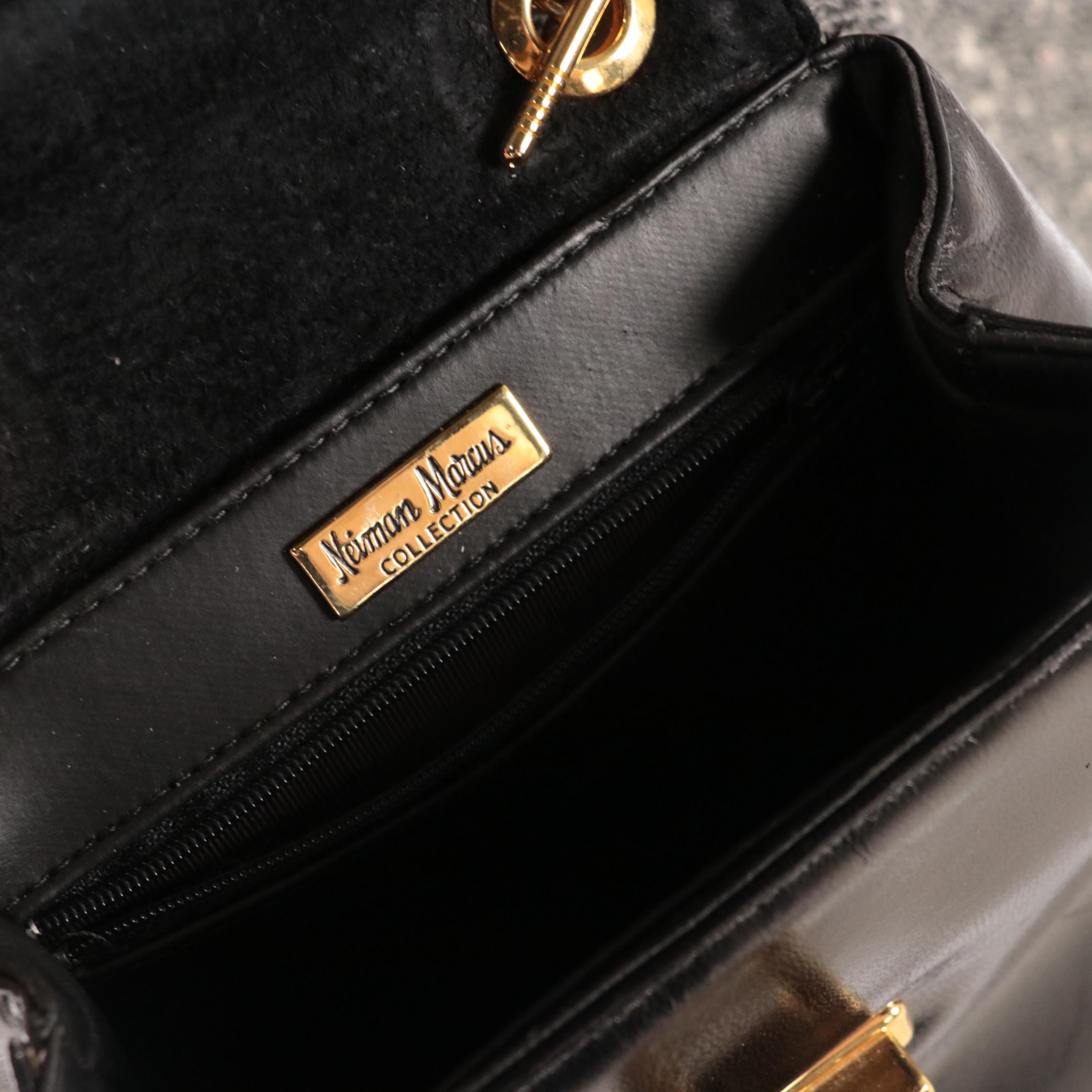 Neiman Marcus Grey Textured Wool Skirt Suit and Black Leather Crossbody ...