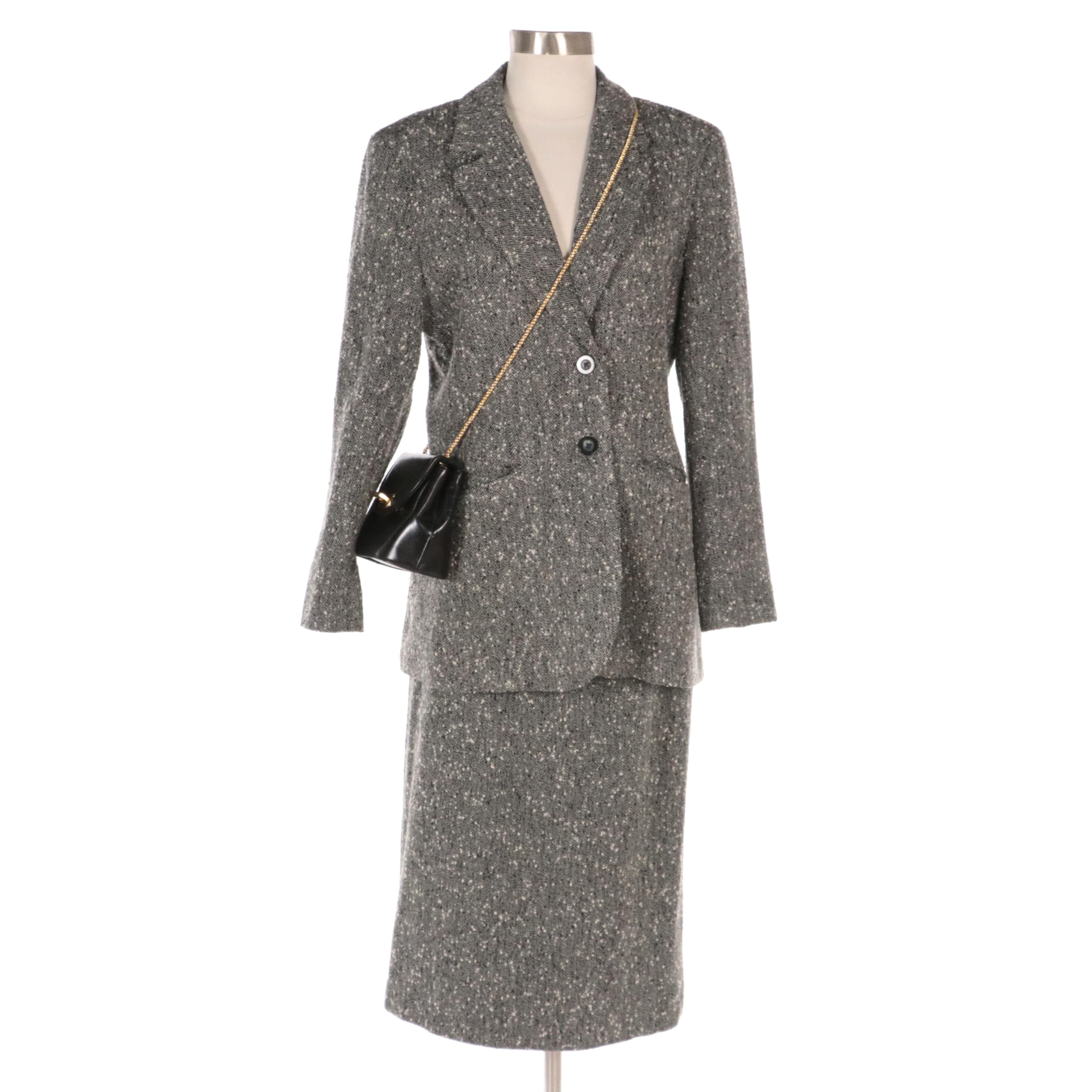 Neiman Marcus Grey Textured Wool Skirt Suit and Black Leather Crossbody ...