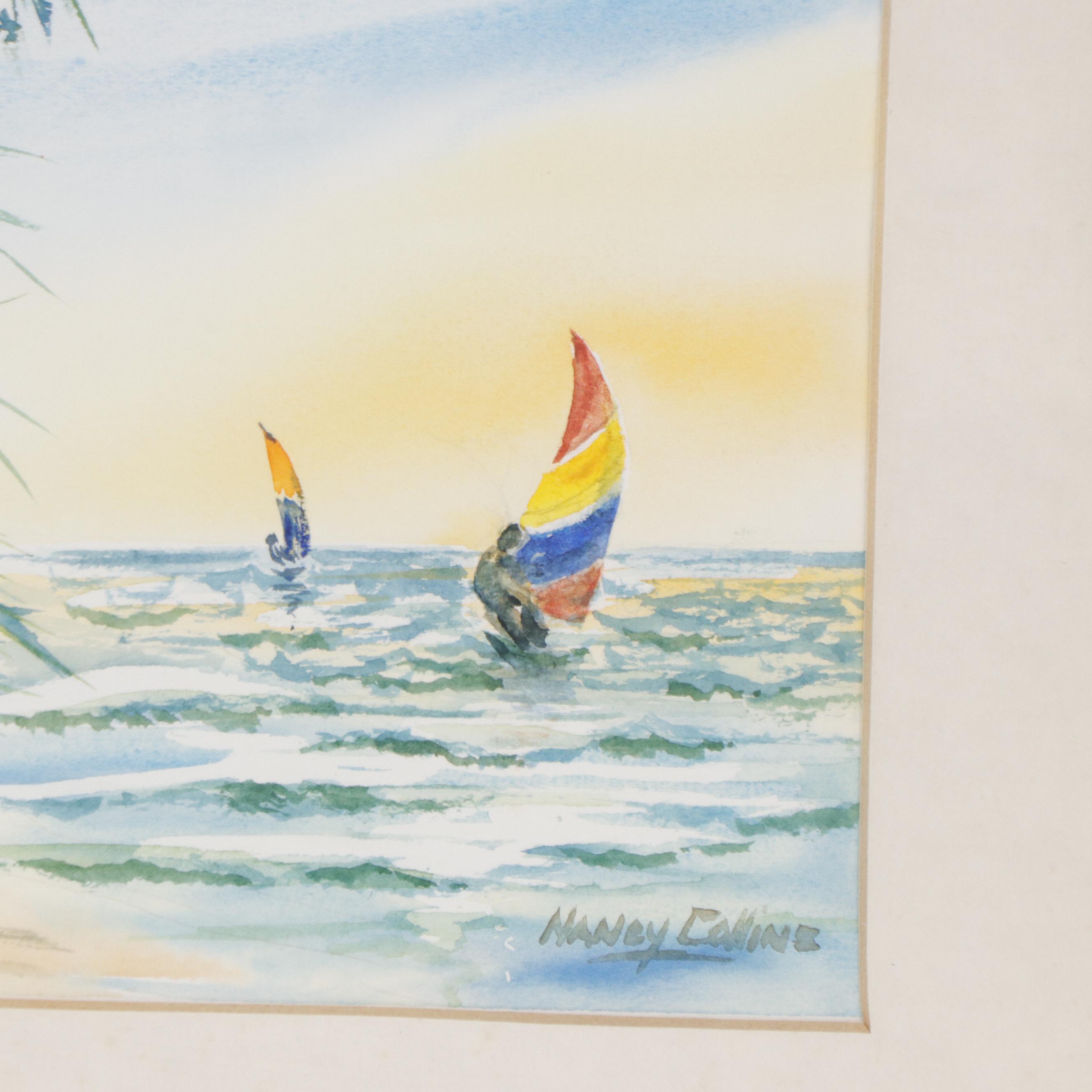 Nancy Collins Watercolor Painting of Tropical Beach Scene with Wind ...