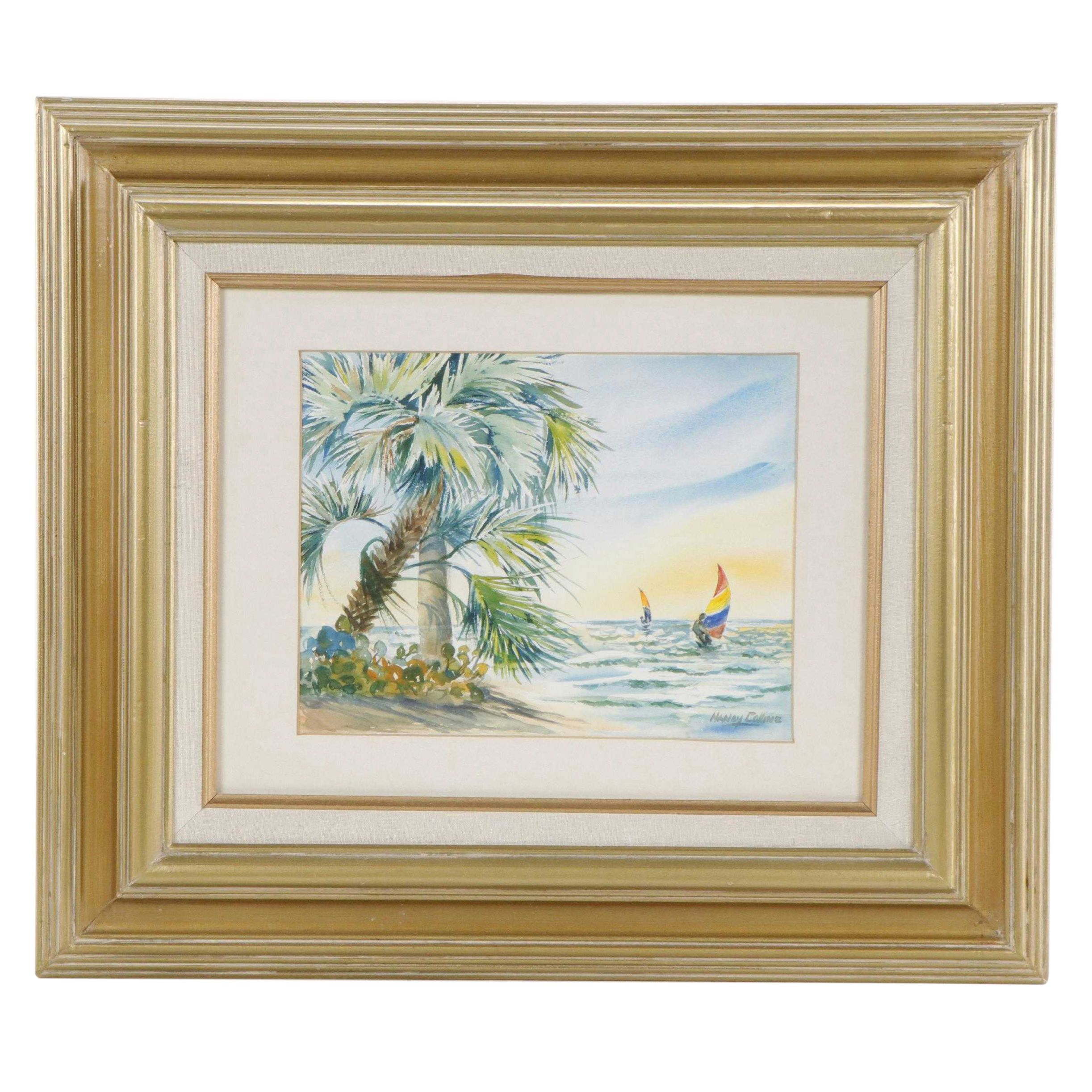 Nancy Collins Watercolor Painting of Tropical Beach Scene with Wind ...