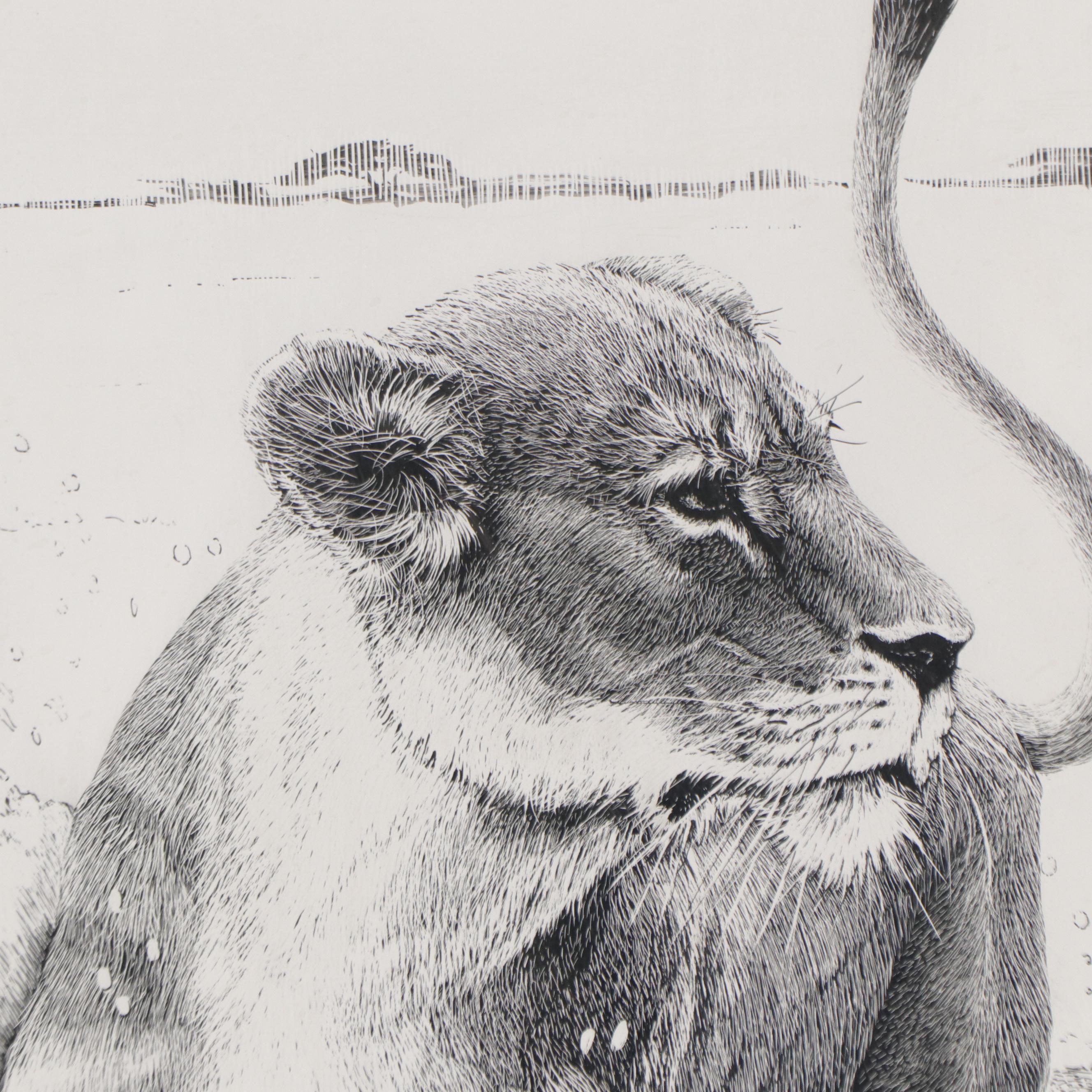 Bill Gehring Scratchboard Drawing of Lion and Gazelle, 1981 | EBTH