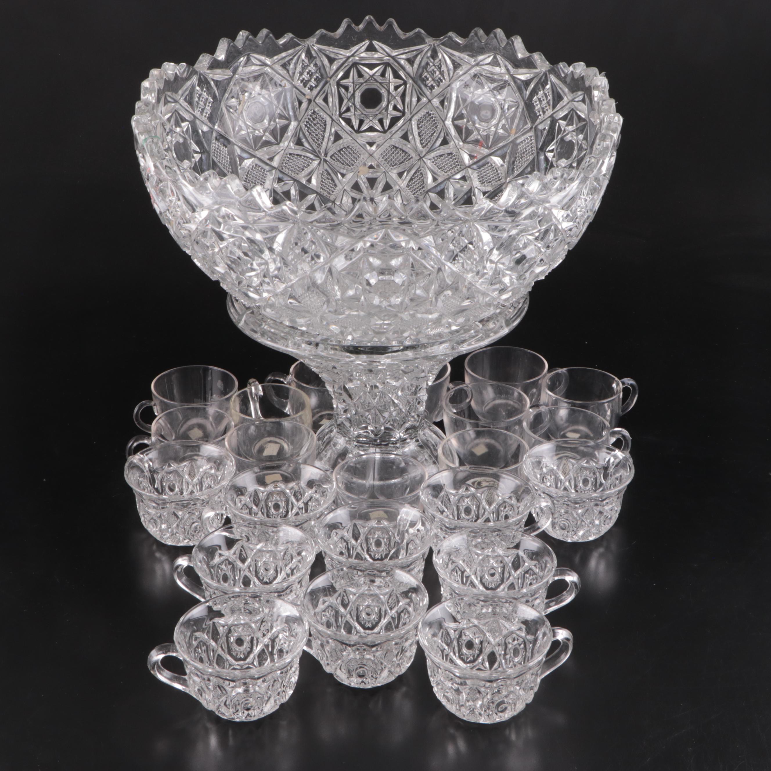 Pressed Glass Punch Bowl with Stand and Cups, 20th Century | EBTH