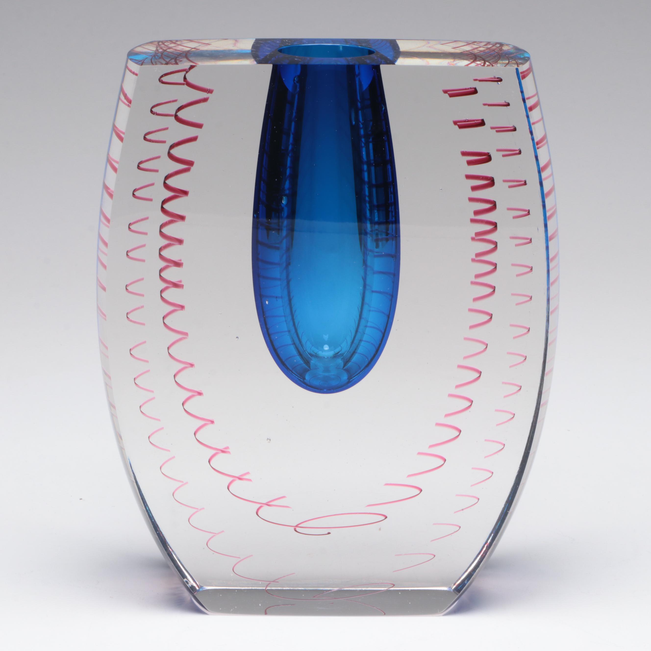 Rollin Karg Threaded, Cut and Polished Blue Studio Art Glass Vase, 1999 ...