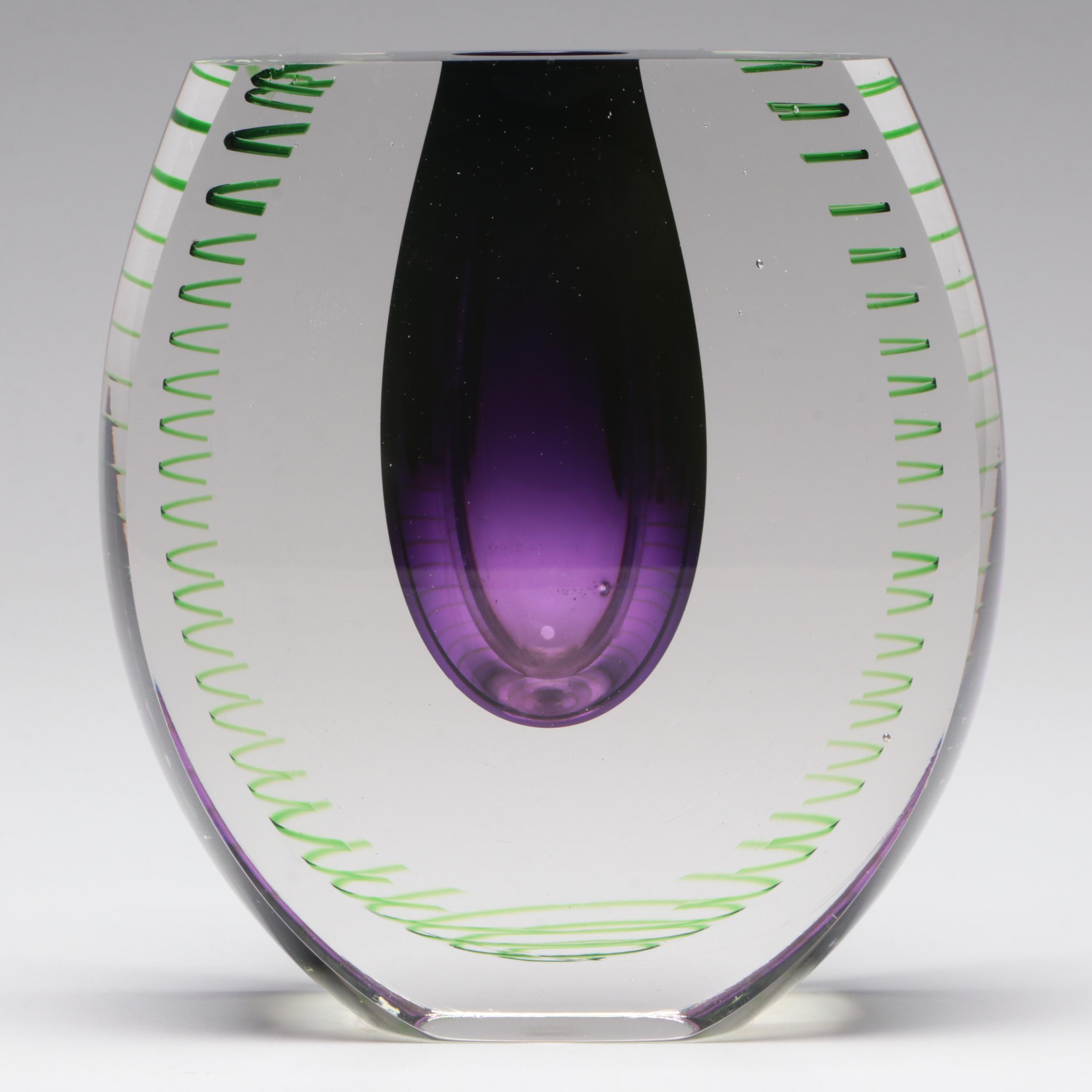 Rollin Karg Threaded, Cut and Polished Purple Studio Art Glass Vase ...