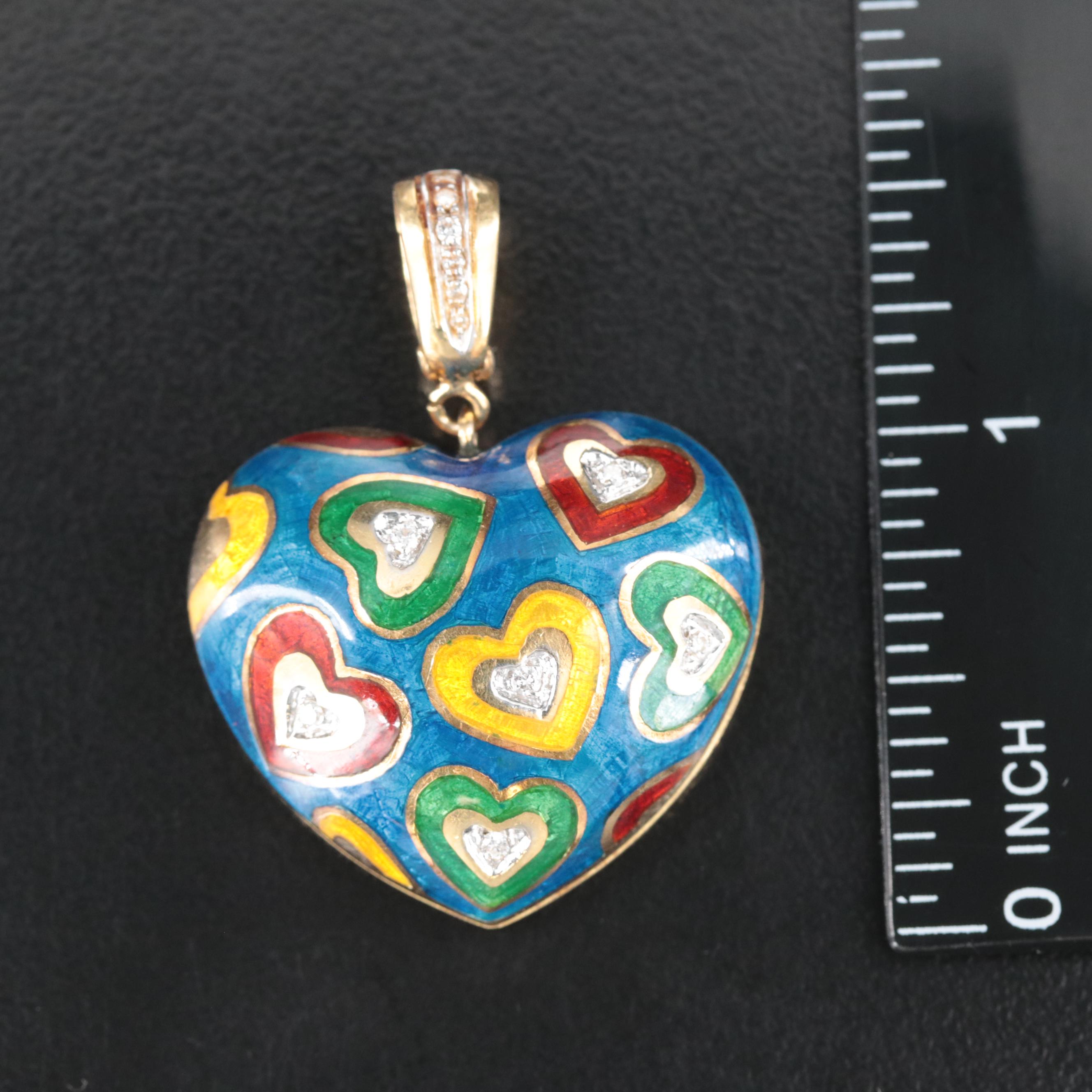 18K Enamel and Diamond Heart Enhancer Pendant | EBTH