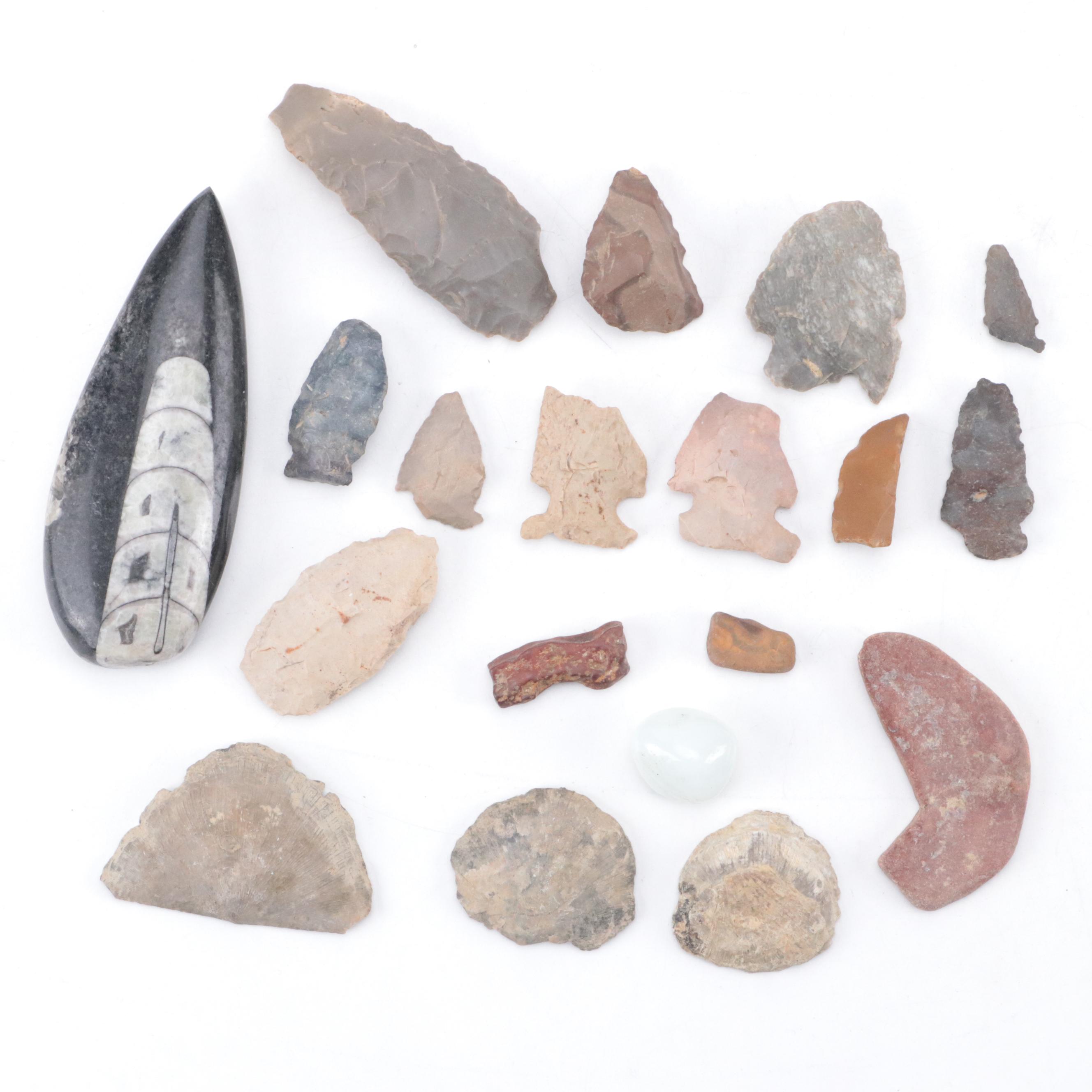 Knapped Stone Projectile Points With Polished Orthoceras | EBTH