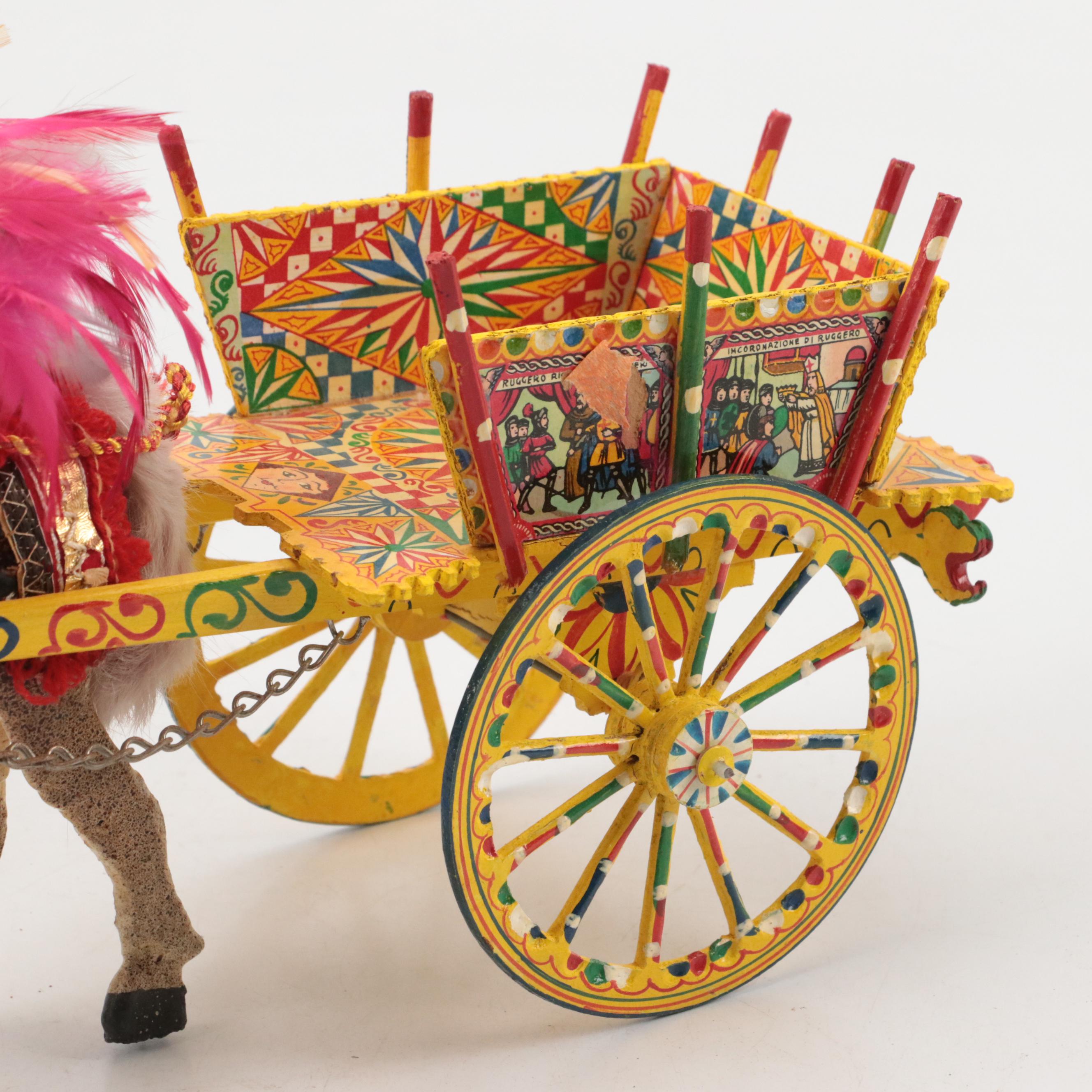 Sicilian Hand-Crafted Embellished Papier-Mâché and Wood Horse with Cart ...