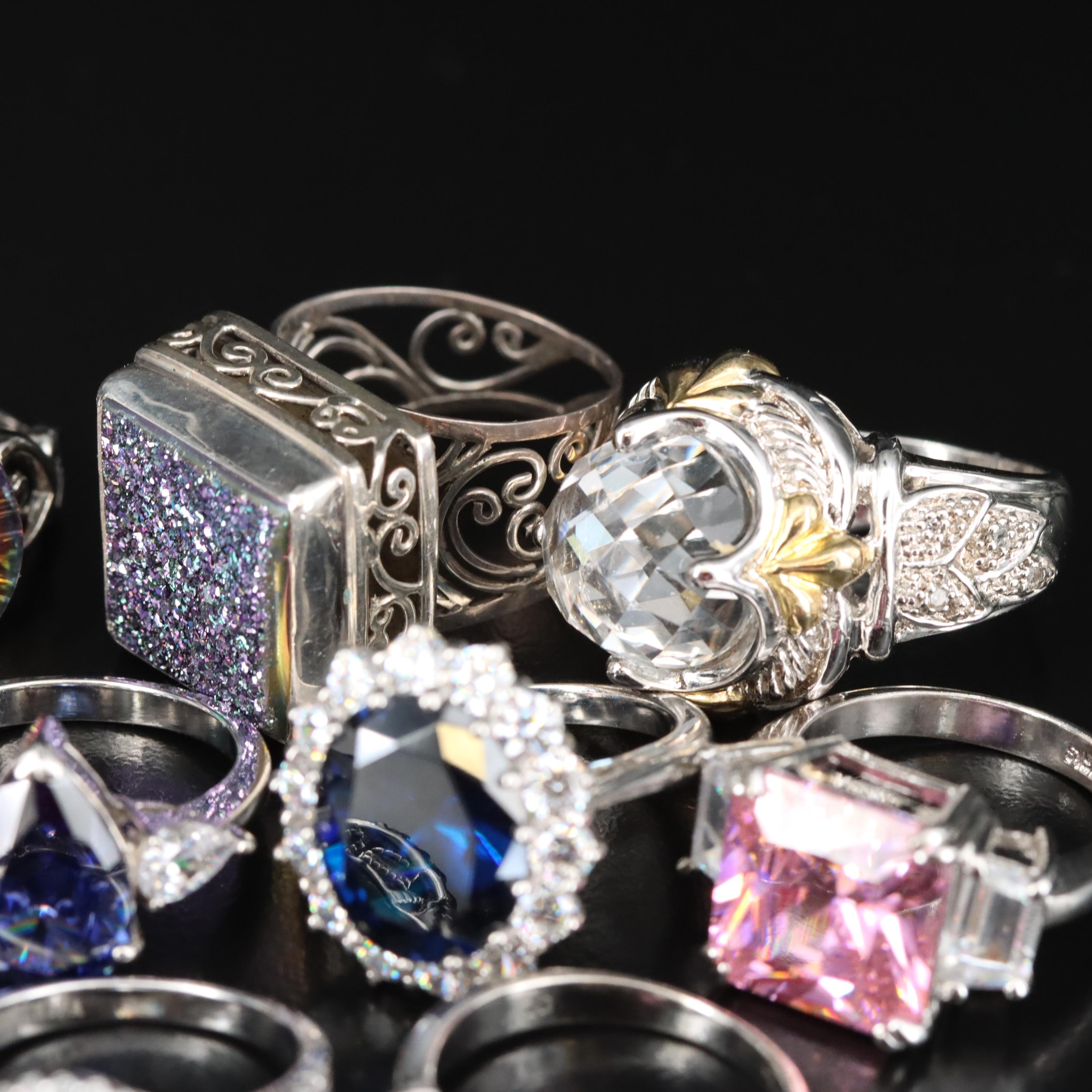 Ring Assortment Including Sterling, Rock Crystal Quartz and Diamond | EBTH