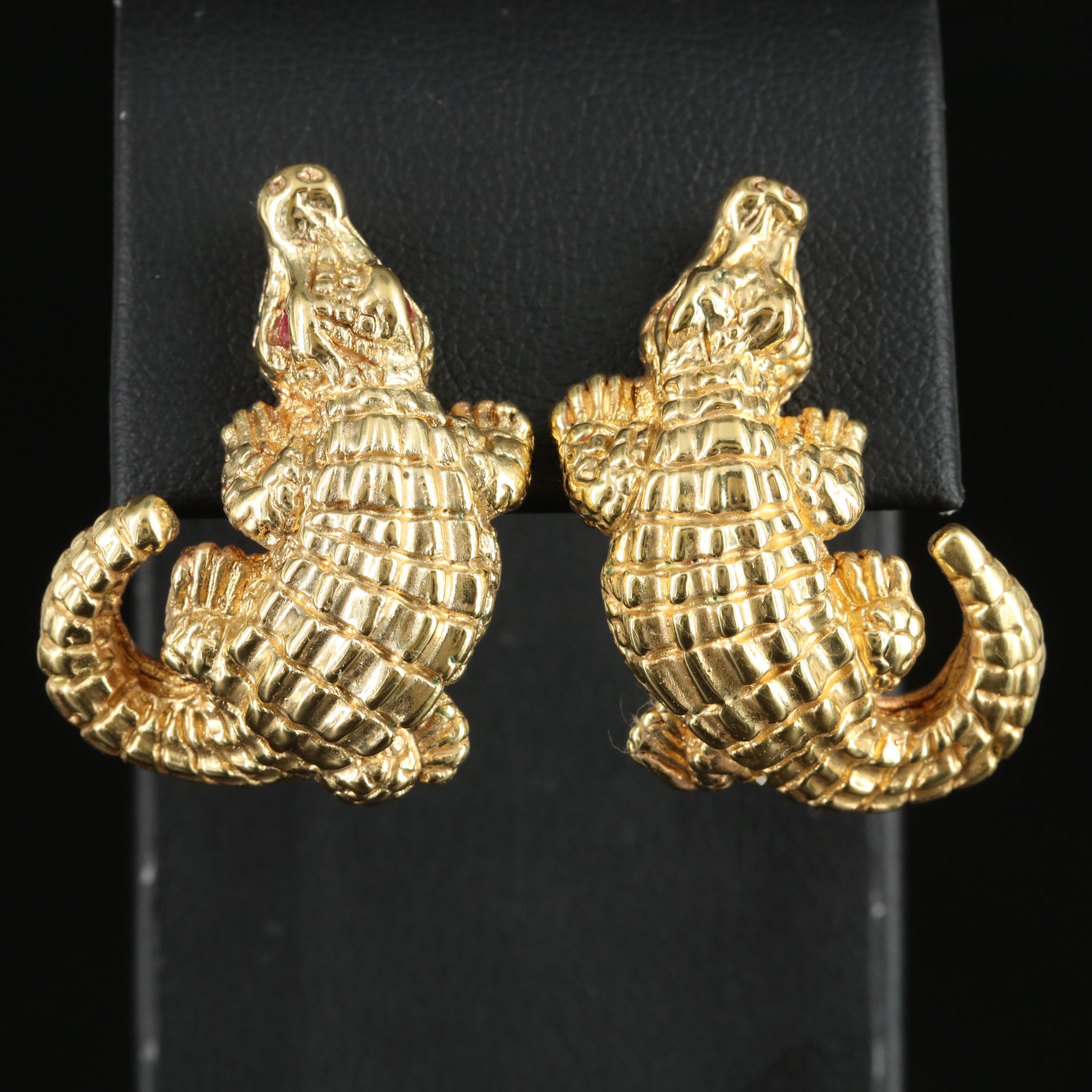 Italian 14K Crocodile Earrings with Ruby Eyes | EBTH