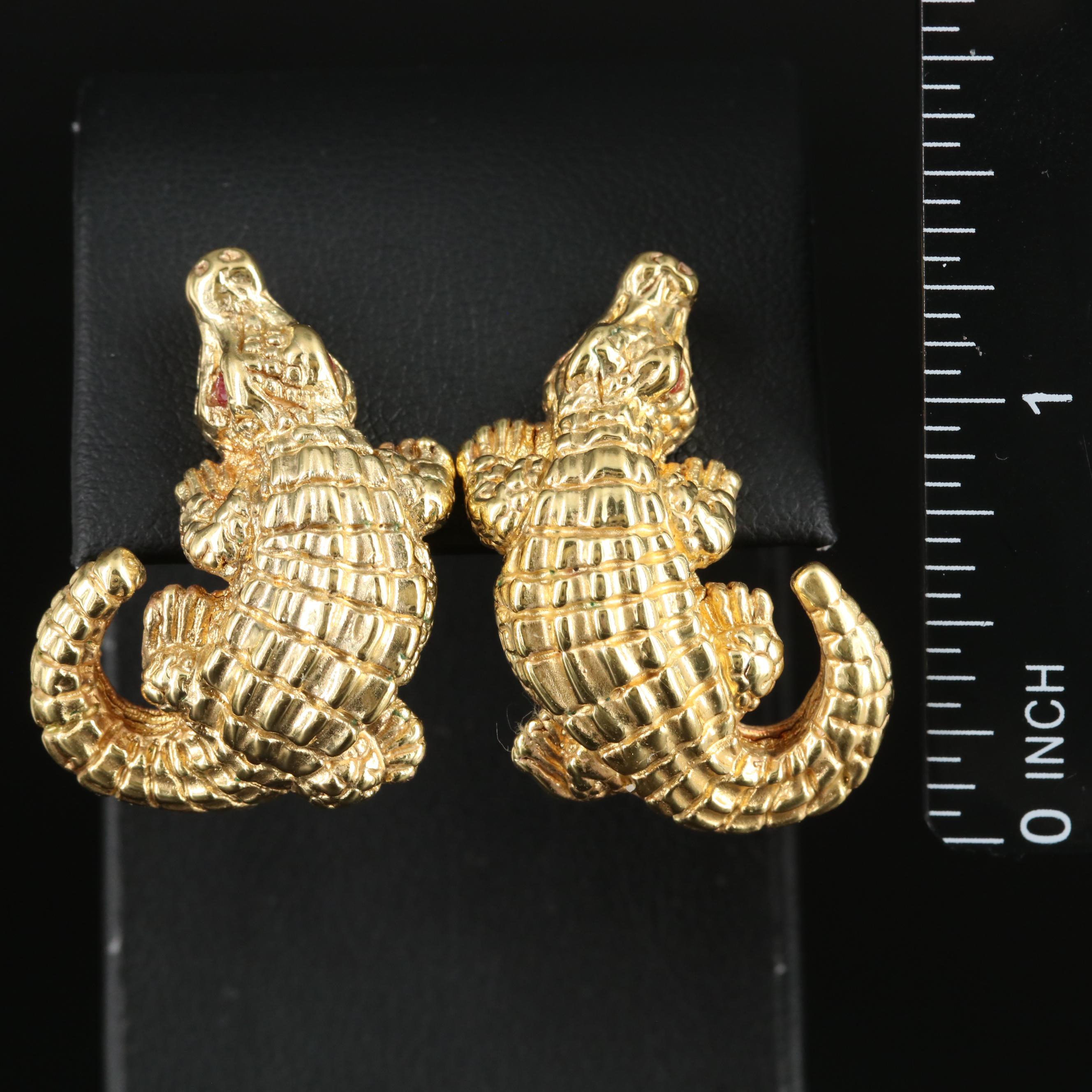 Italian 14K Crocodile Earrings with Ruby Eyes | EBTH