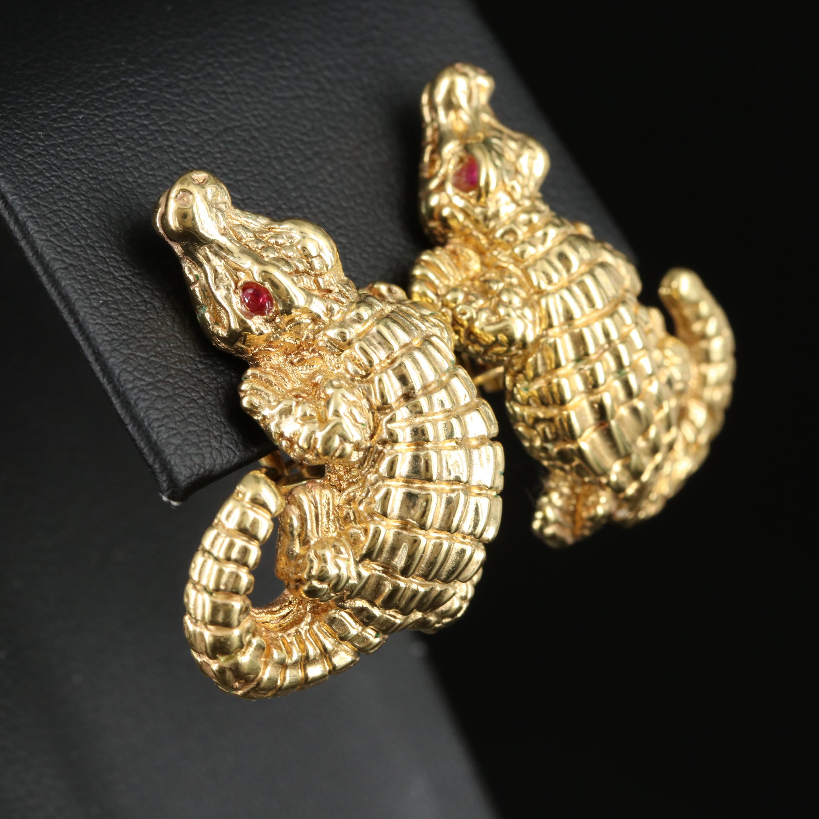 Italian 14K Crocodile Earrings with Ruby Eyes | EBTH