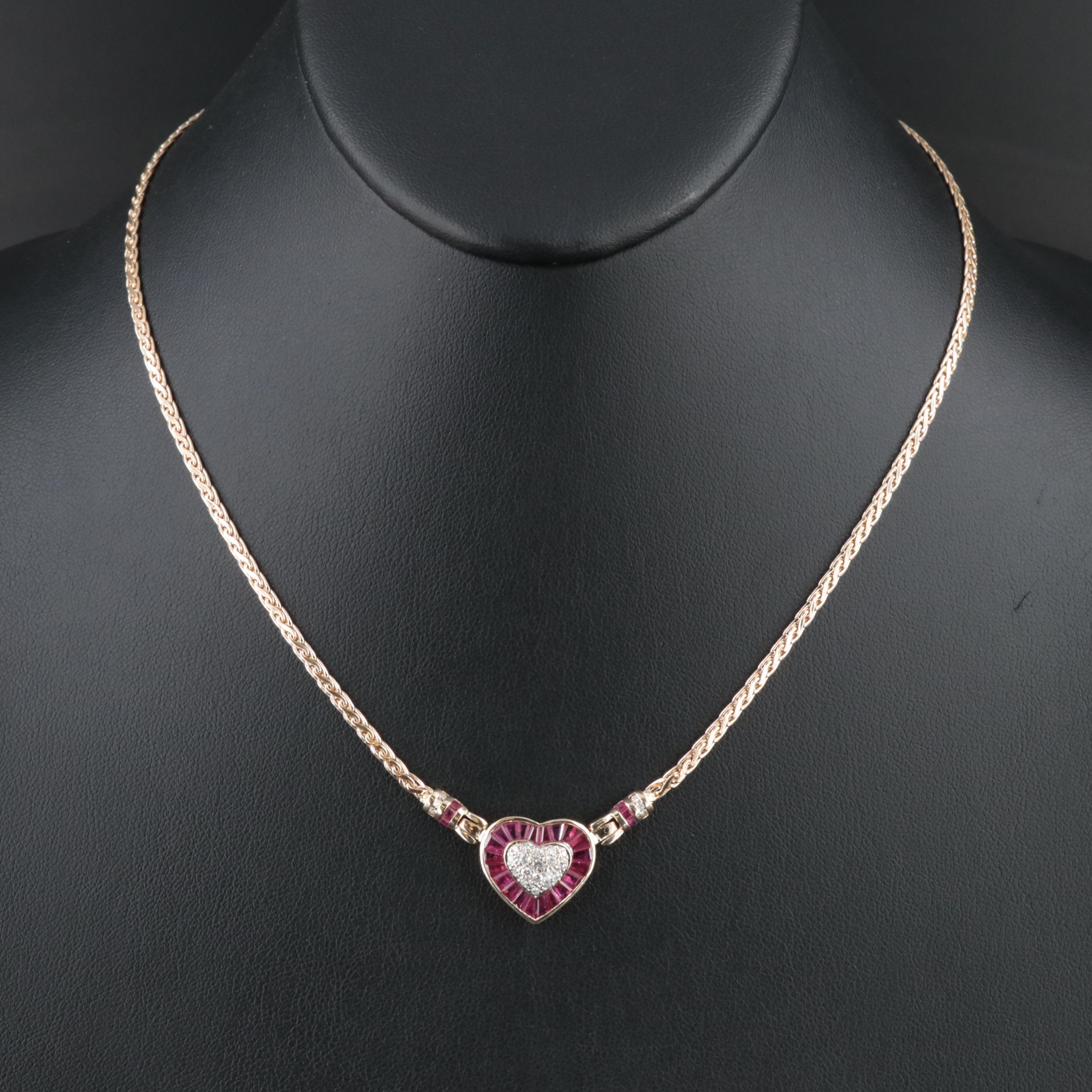 UnoAErre Italian 14K Diamond and Ruby Heart Necklace | EBTH
