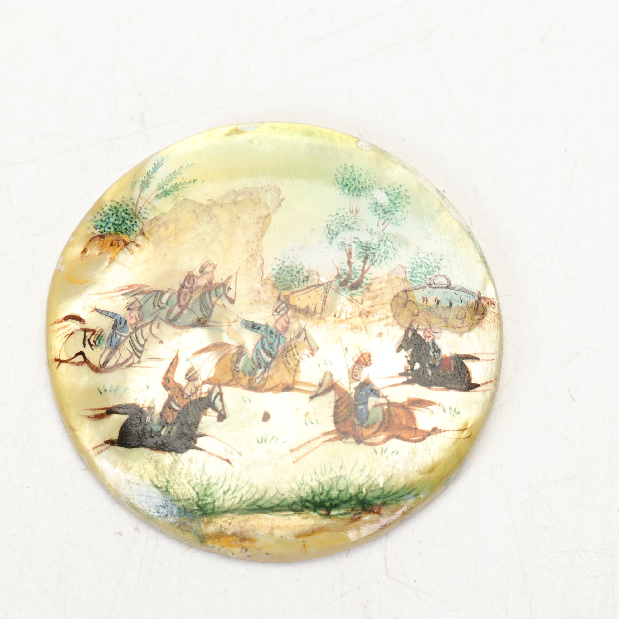 Middle Eastern Hand-Painted Shell Adornments In Brass Inlay Frames | EBTH