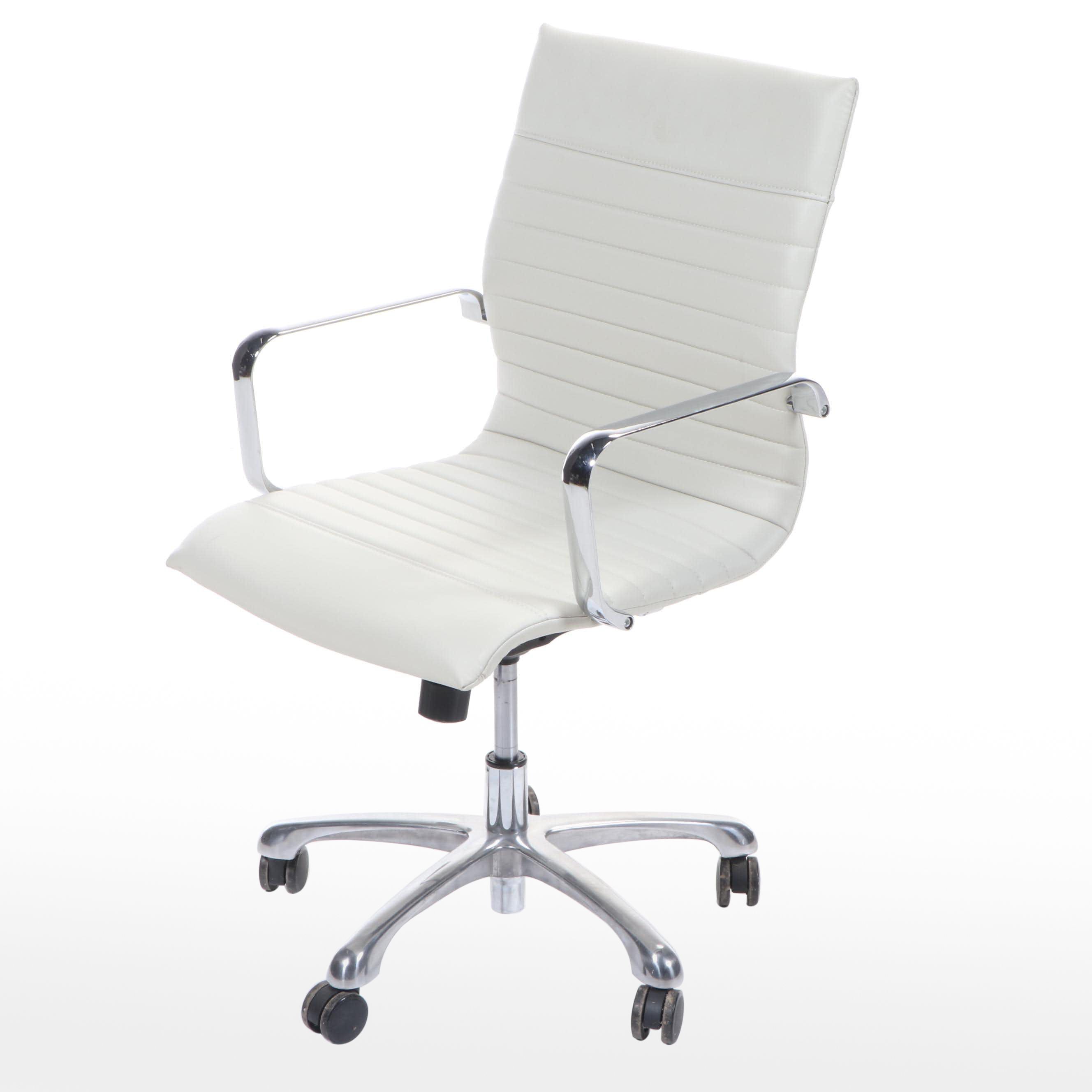 Modern White Faux Leather and Chromed Metal Office Chair | EBTH